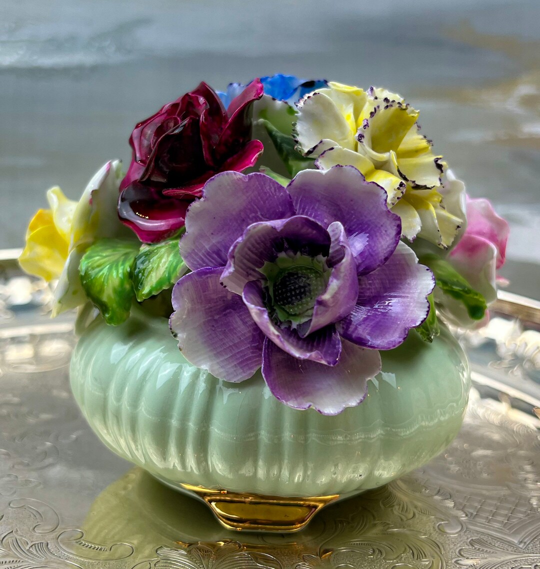 Vintage Staffordshire Porcelain Flowers Centerpiece With Green Pot ...