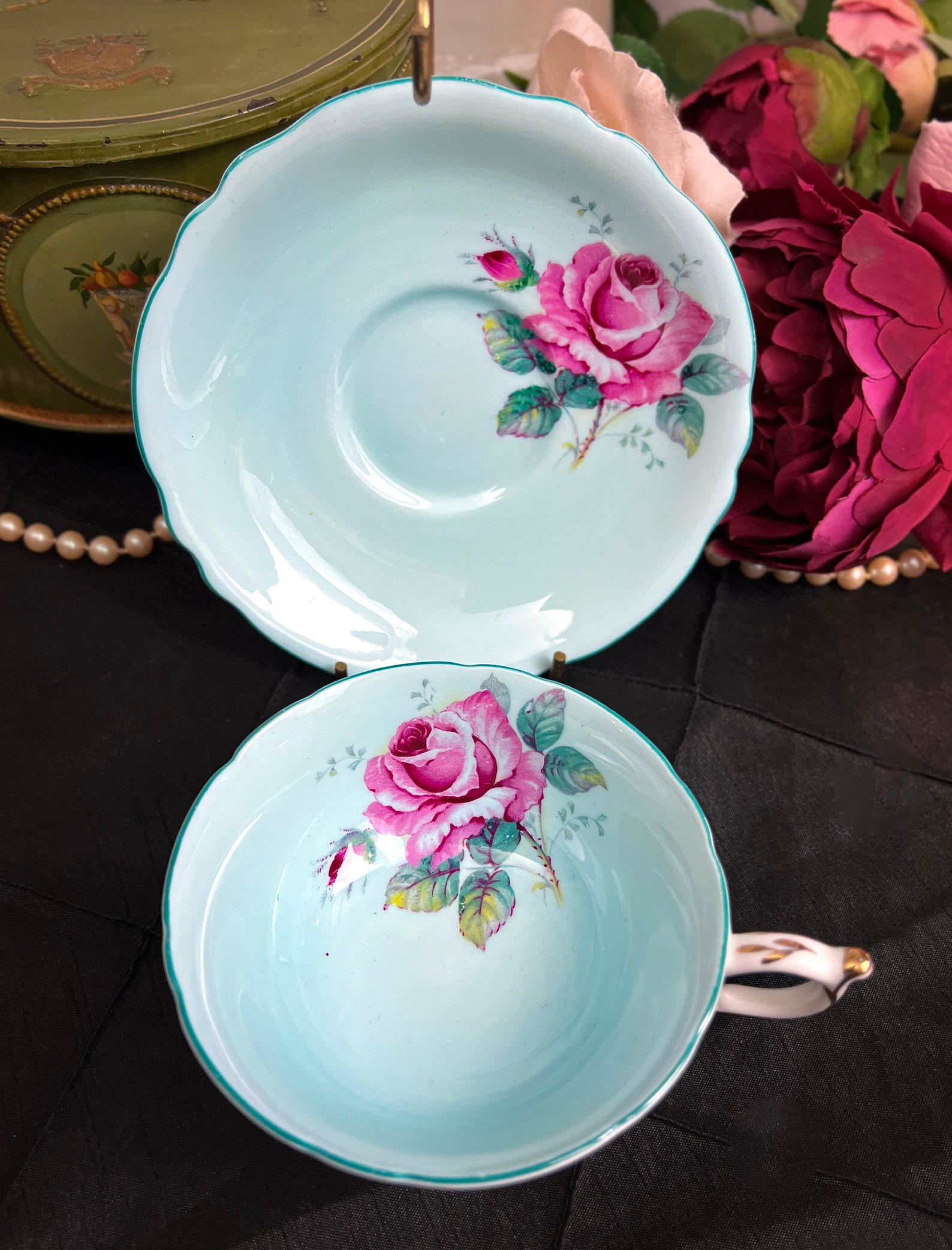 Vintage Blue Paragon Double Warrant Teacup and Saucer With Large Pink ...