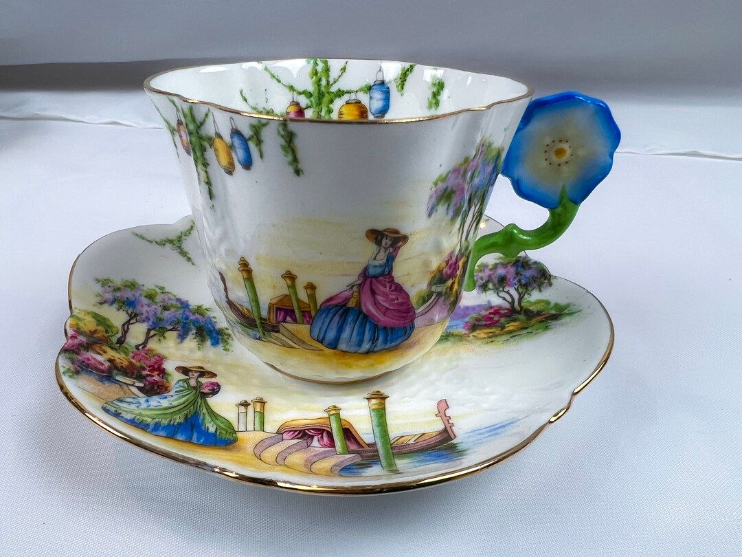 RARE Aynsley Flower Handle Teacup With Venetian Lady, 1920s Crinoline ...