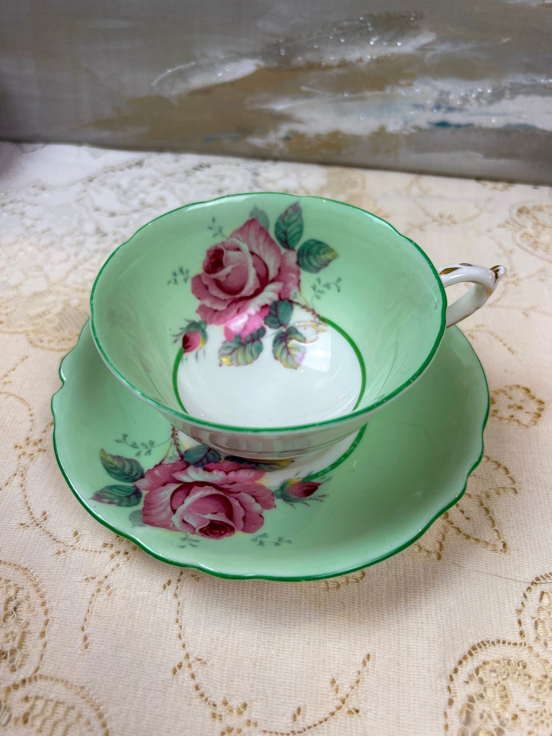1940s Vintage Green Paragon Teacup and Saucer With Large Floating Pink ...