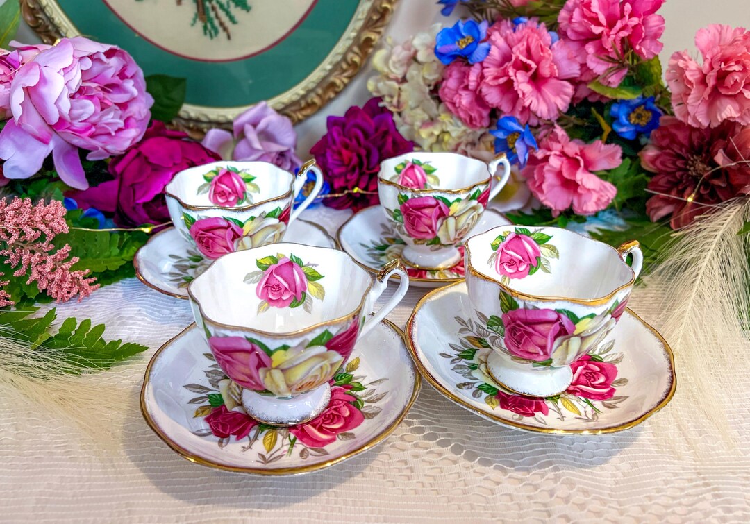 Vintage Queen Anne Teacup Set for Four: Lady Sylvia Rose Bone China - Etsy