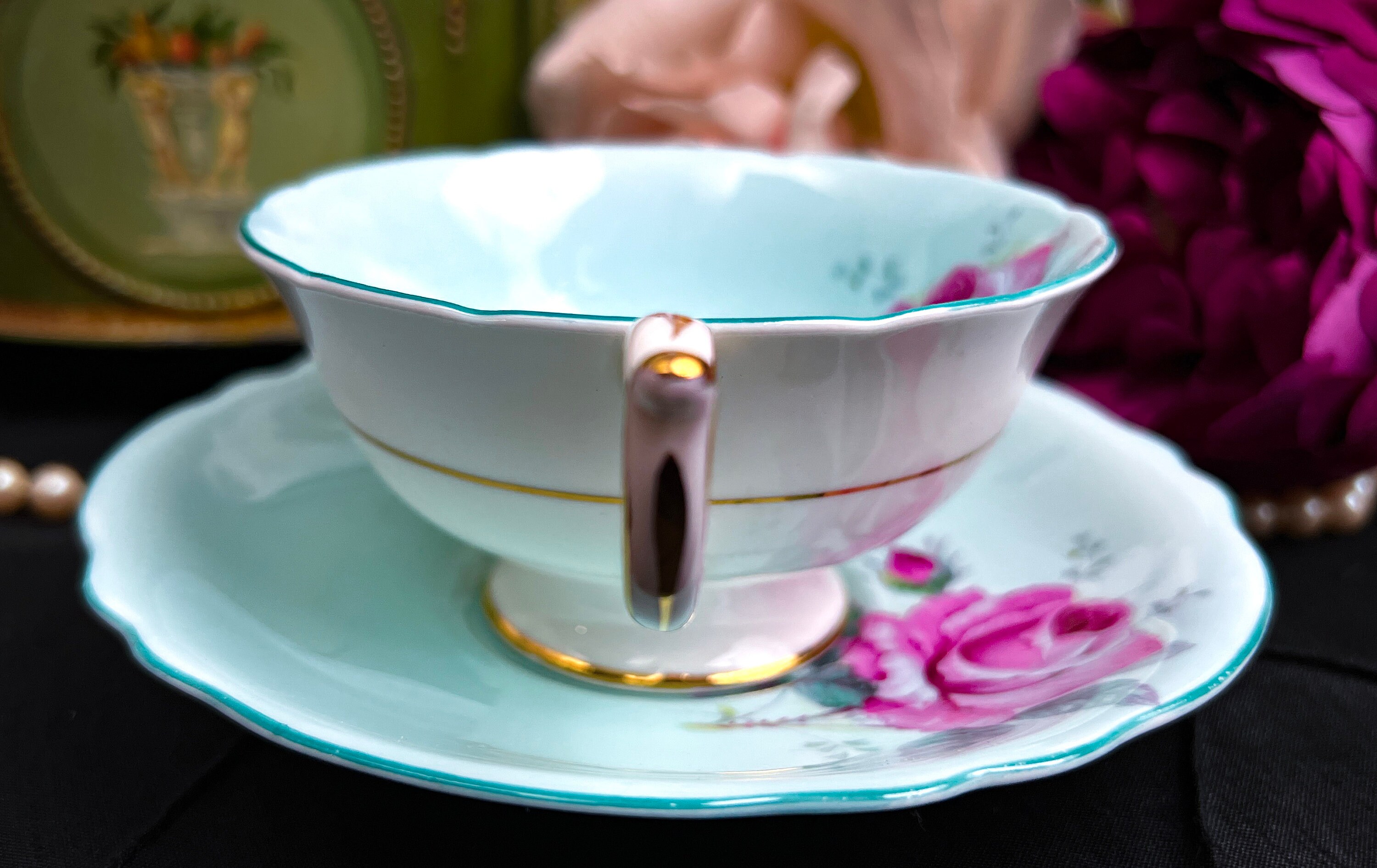 Vintage Blue Paragon Double Warrant Teacup and Saucer With Large Pink ...