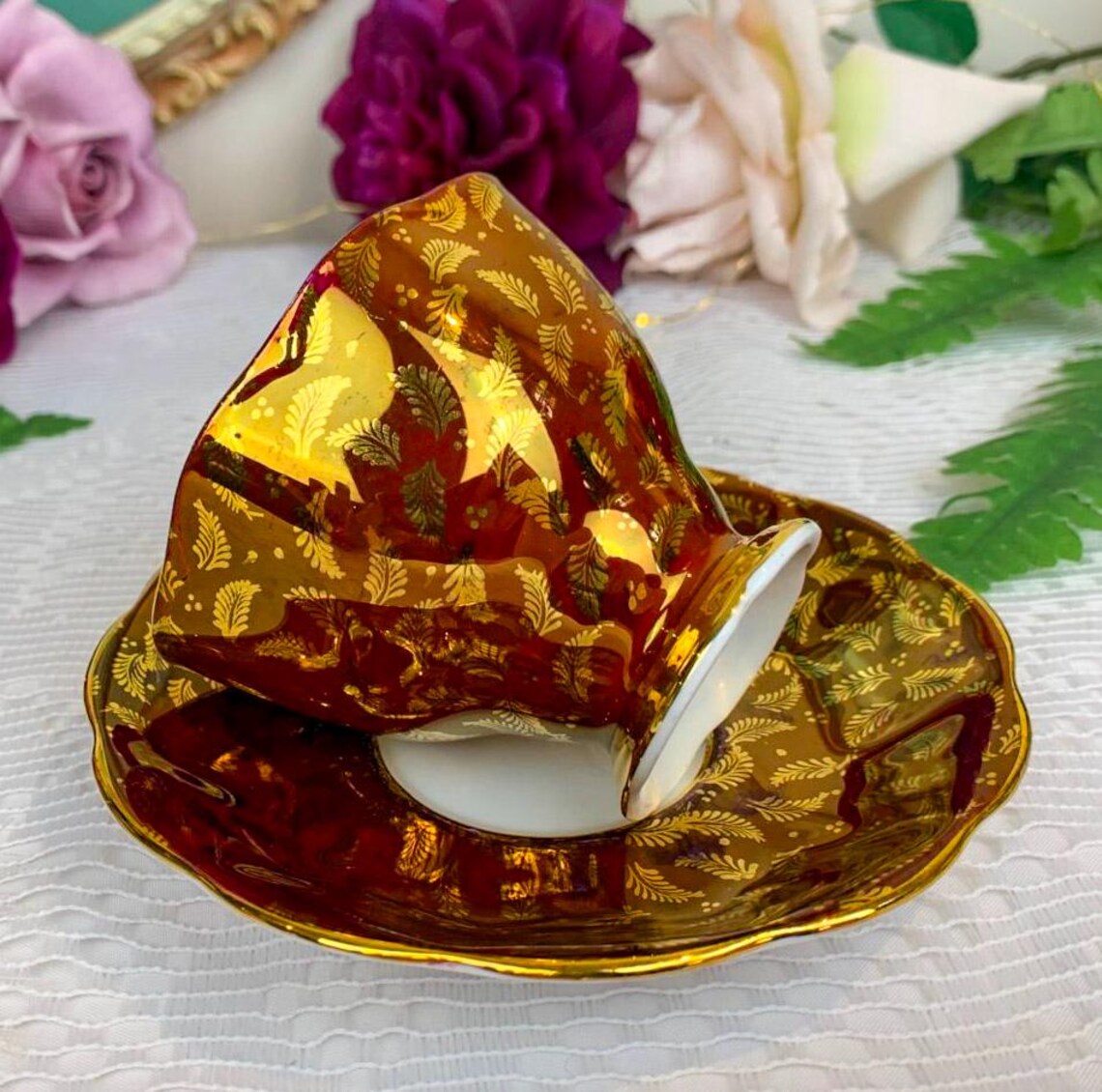 Vintage Royal Albert Burgundy Gold Chintz Feather Teacup and Saucer ...