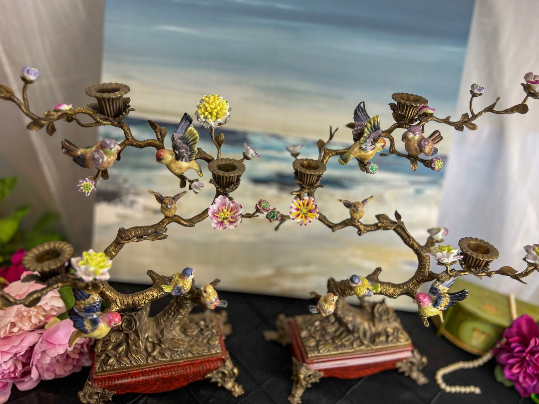 PAIR of Porcelain Birds on Tree Candelabras, Mirror Image Candle Holder ...