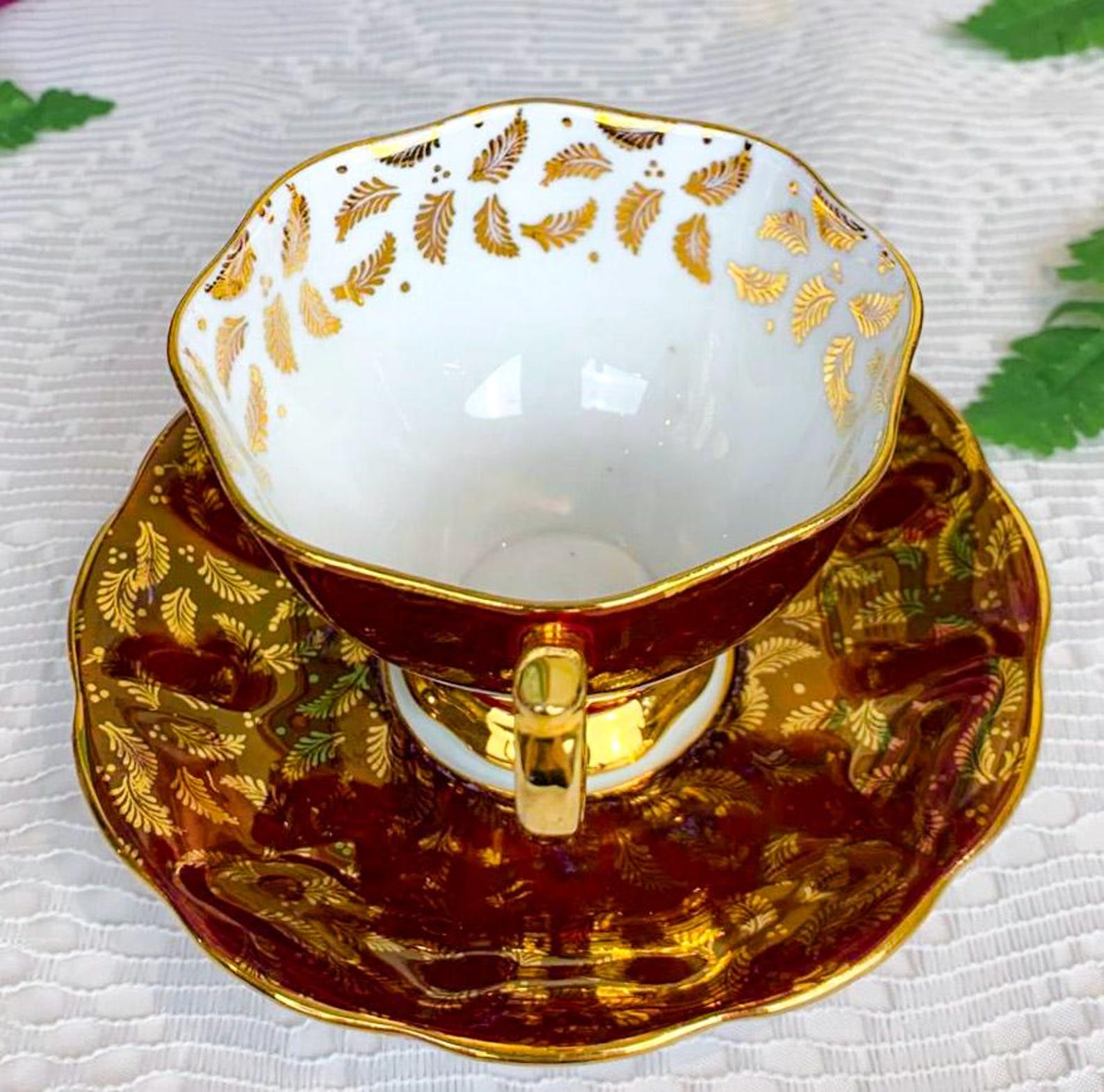 Vintage Royal Albert Burgundy Gold Chintz Feather Teacup and Saucer ...