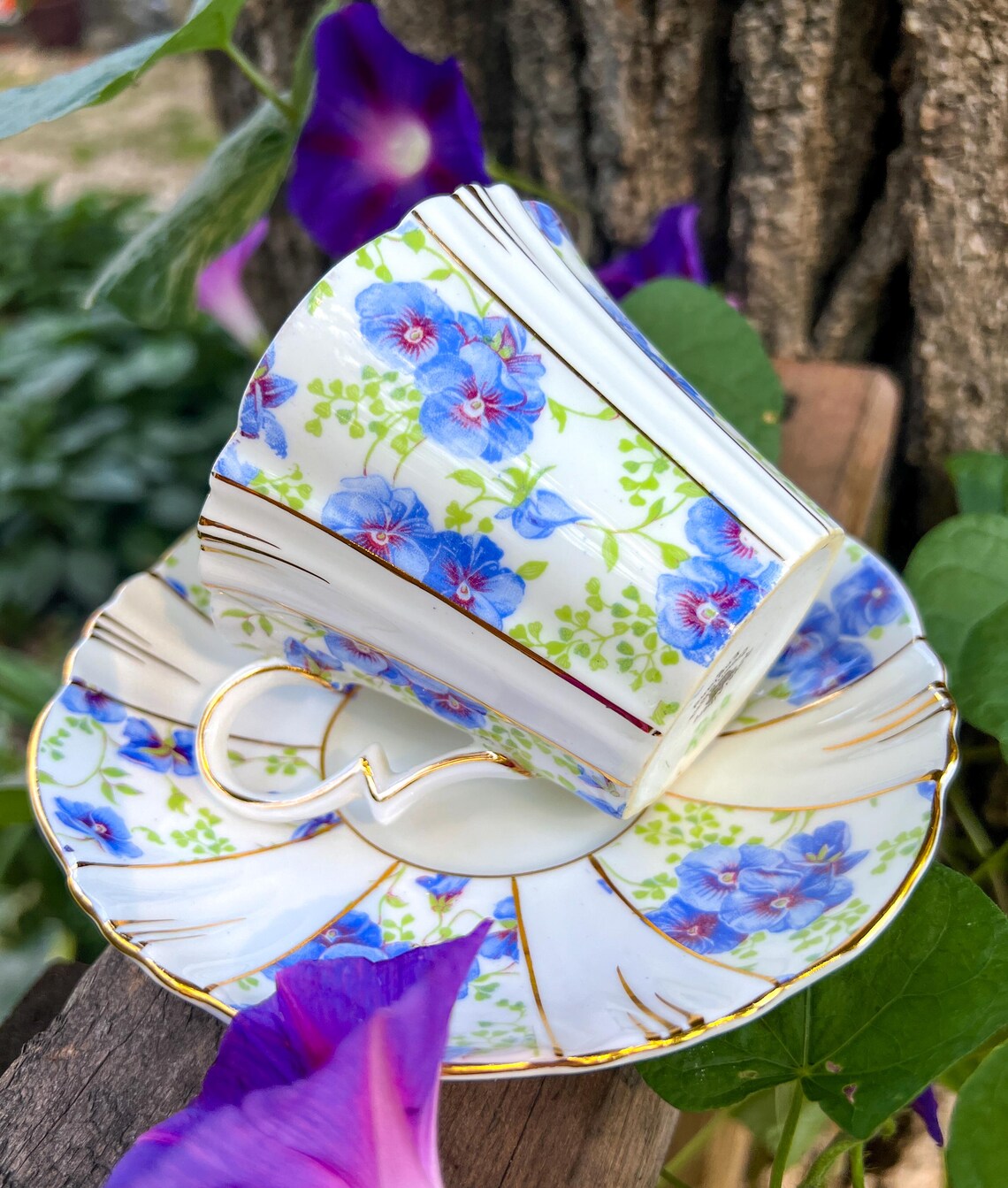 Royal Albert Crown China Blue Pansy Chintz Teacup and Saucer Set ...