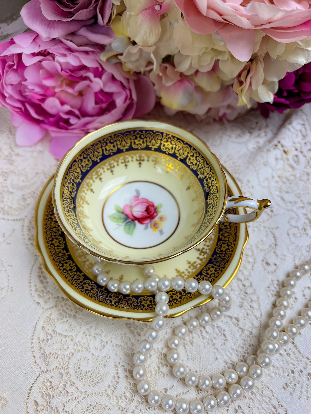 Rare Cobalt Blue and Gold Lace With Pink Cabbage Rose Double Warrant ...