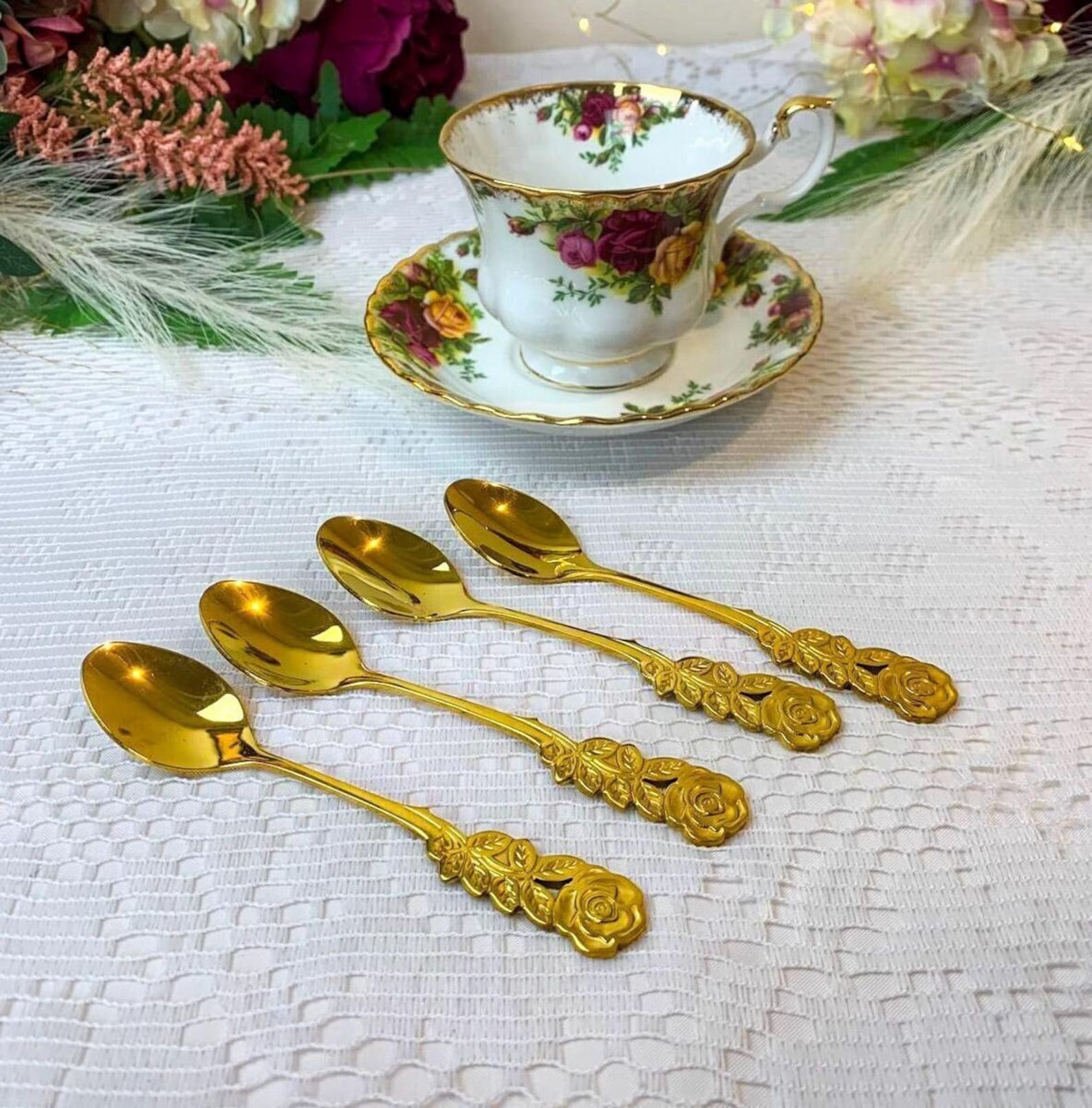 Rose Flower Teaspoons in Gold or Silver Plated Colors, Sold ...