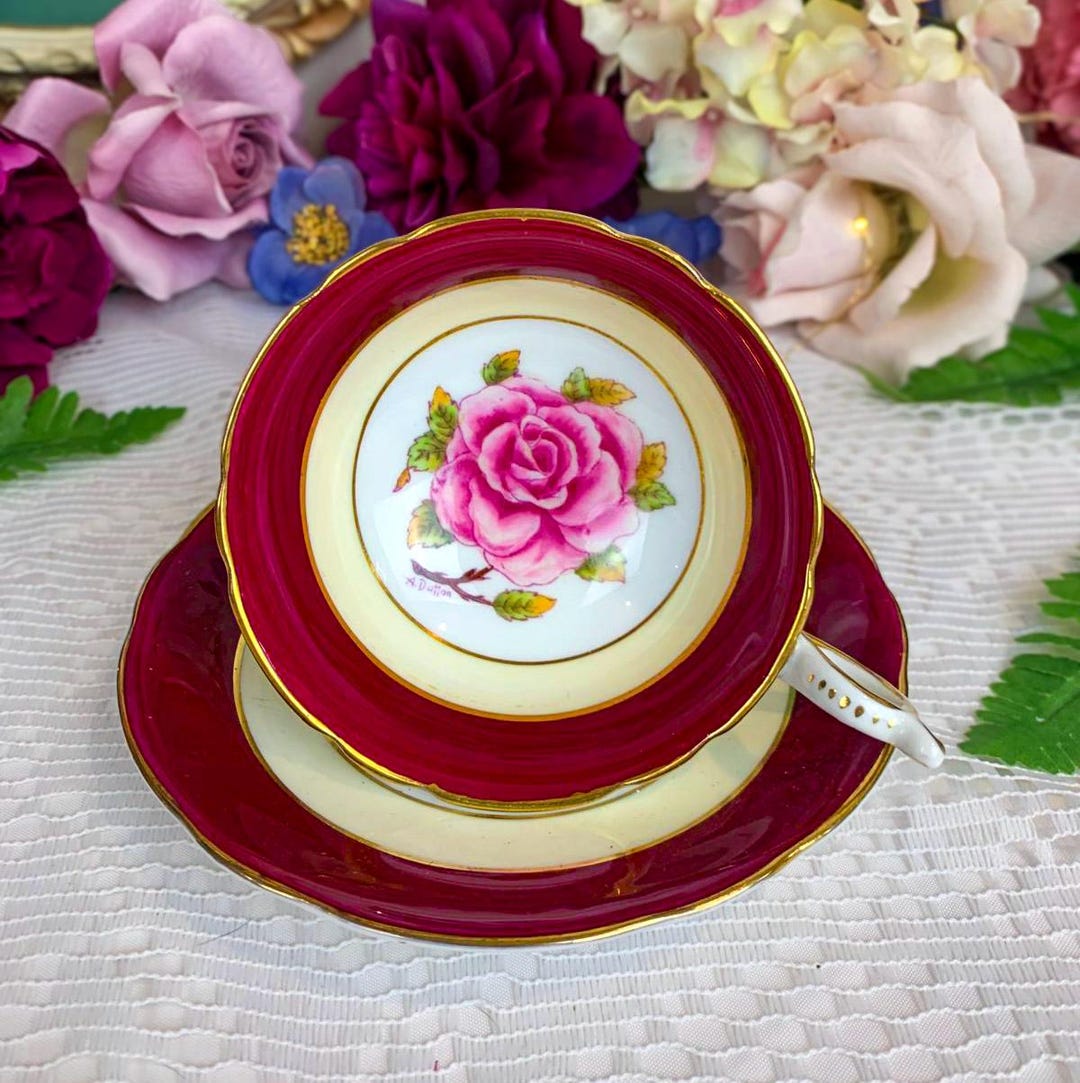 Vintage Coalport Romance Teacup & Saucer: Pink Cabbage Rose, Signed A ...