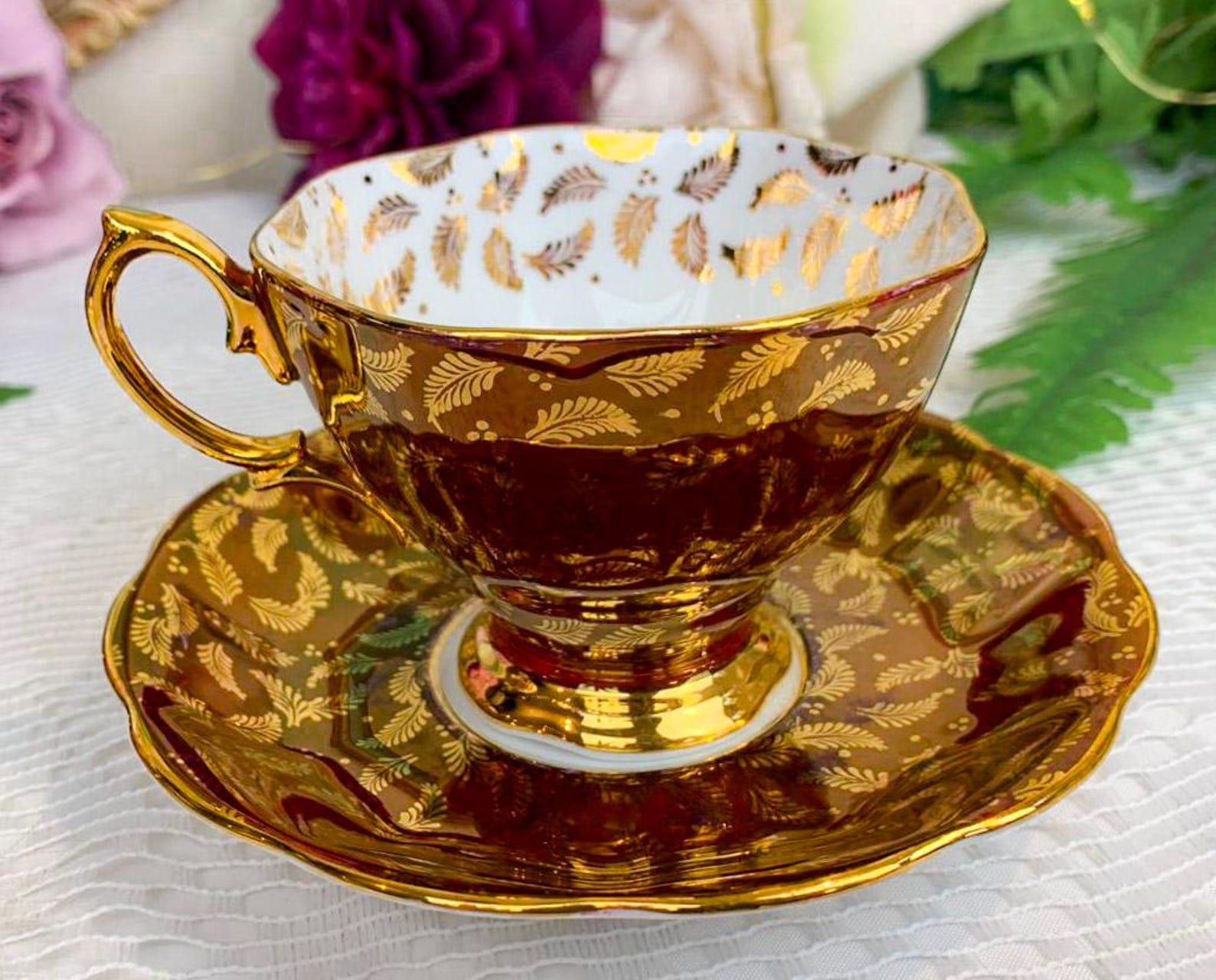 Vintage Royal Albert Burgundy Gold Chintz Feather Teacup and Saucer ...