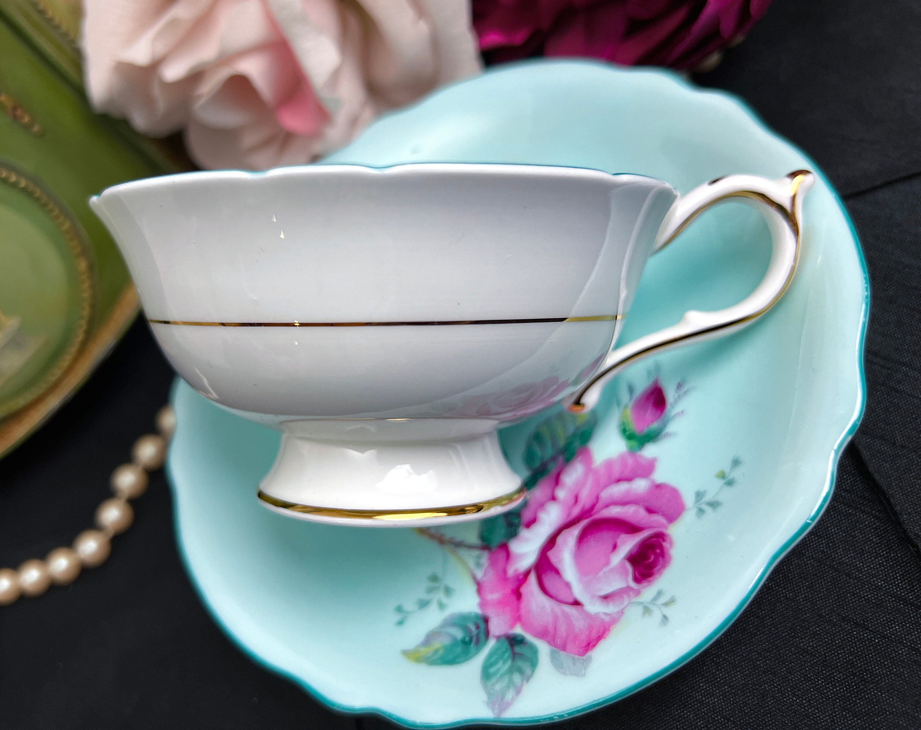 Vintage Blue Paragon Double Warrant Teacup and Saucer With Large Pink ...