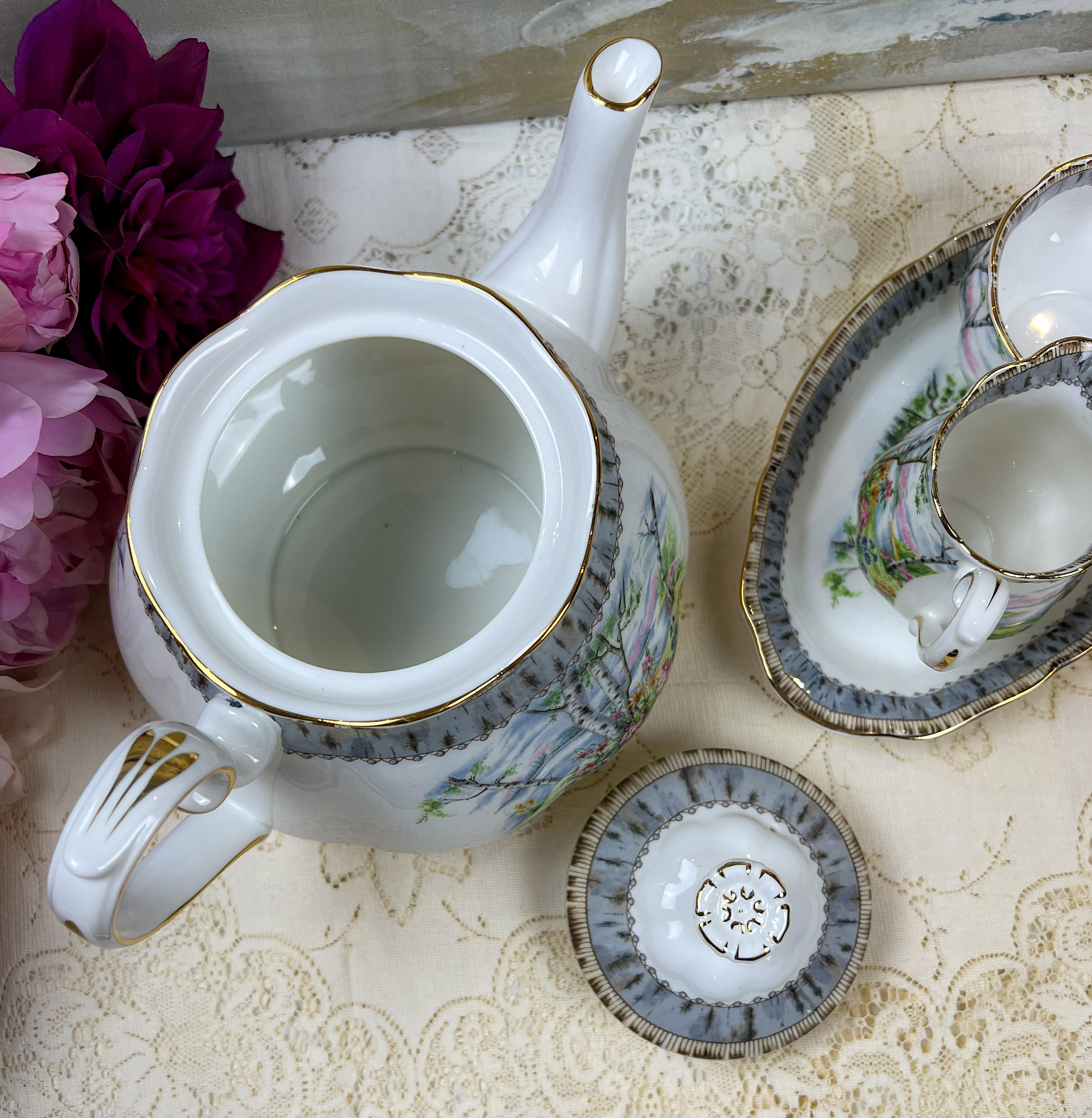 Vintage Royal Albert Silver Birch Large 6 Cup Teapot Cream and Sugar ...