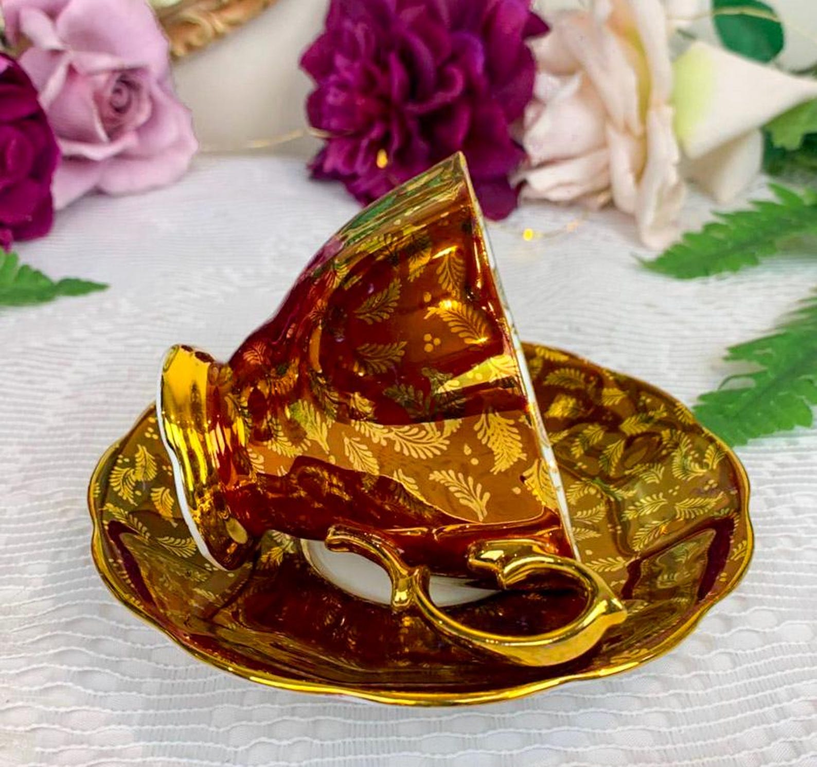 Vintage Royal Albert Burgundy Gold Chintz Feather Teacup and Saucer ...