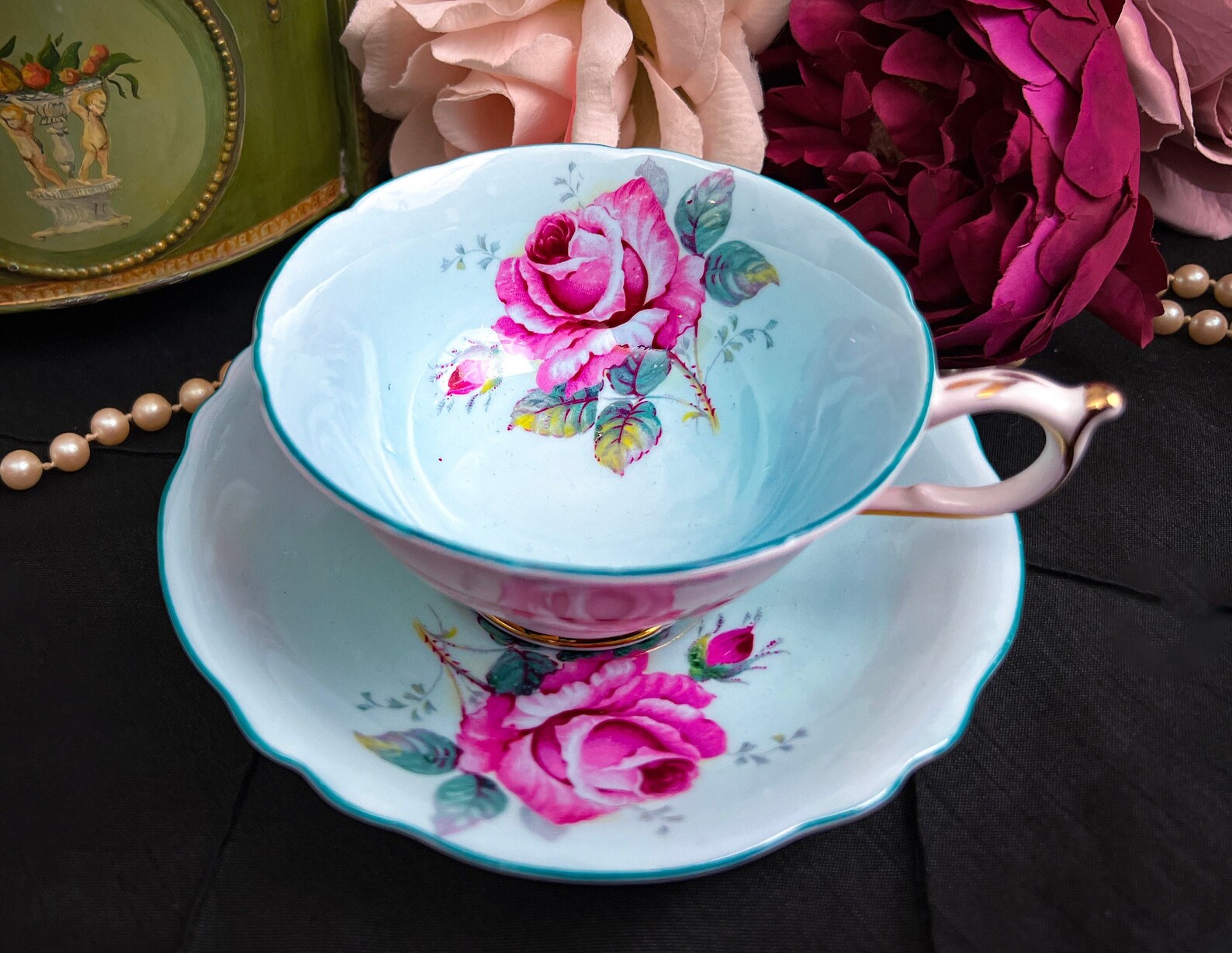 Vintage Blue Paragon Double Warrant Teacup and Saucer With Large Pink ...