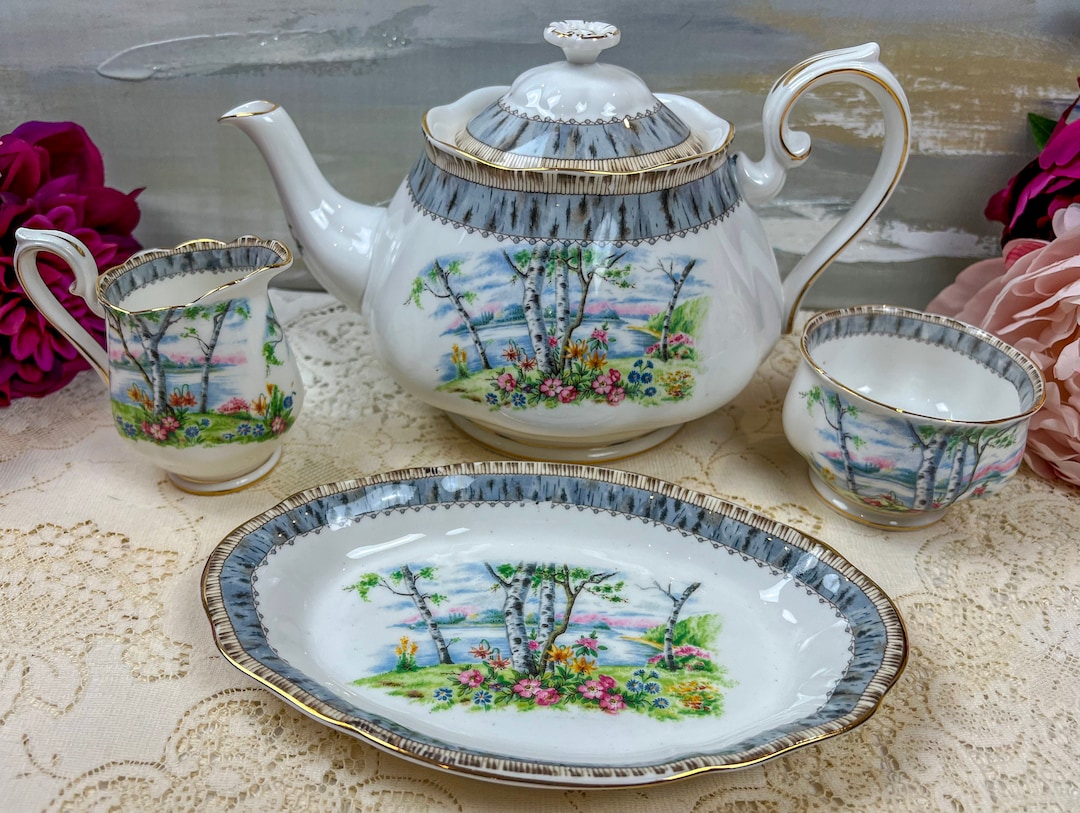 Vintage Royal Albert Silver Birch Large 6 Cup Teapot Cream and Sugar ...