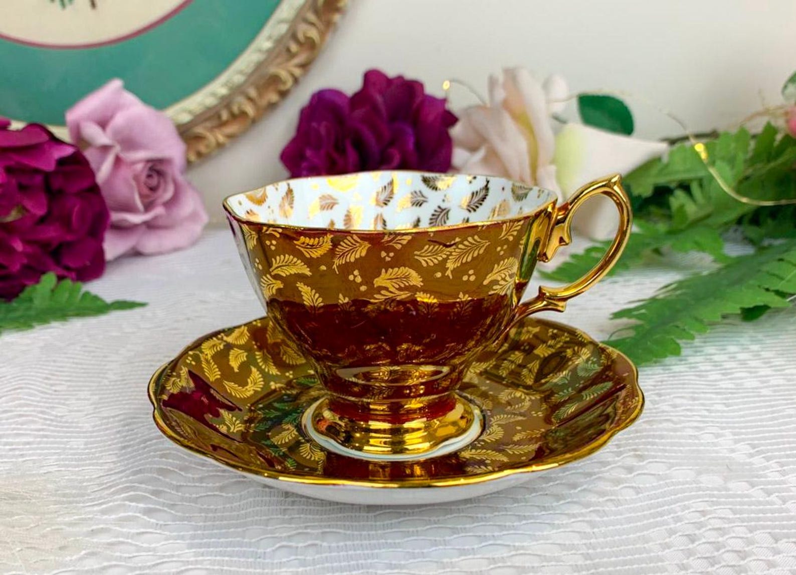 Vintage Royal Albert Burgundy Gold Chintz Feather Teacup and Saucer ...
