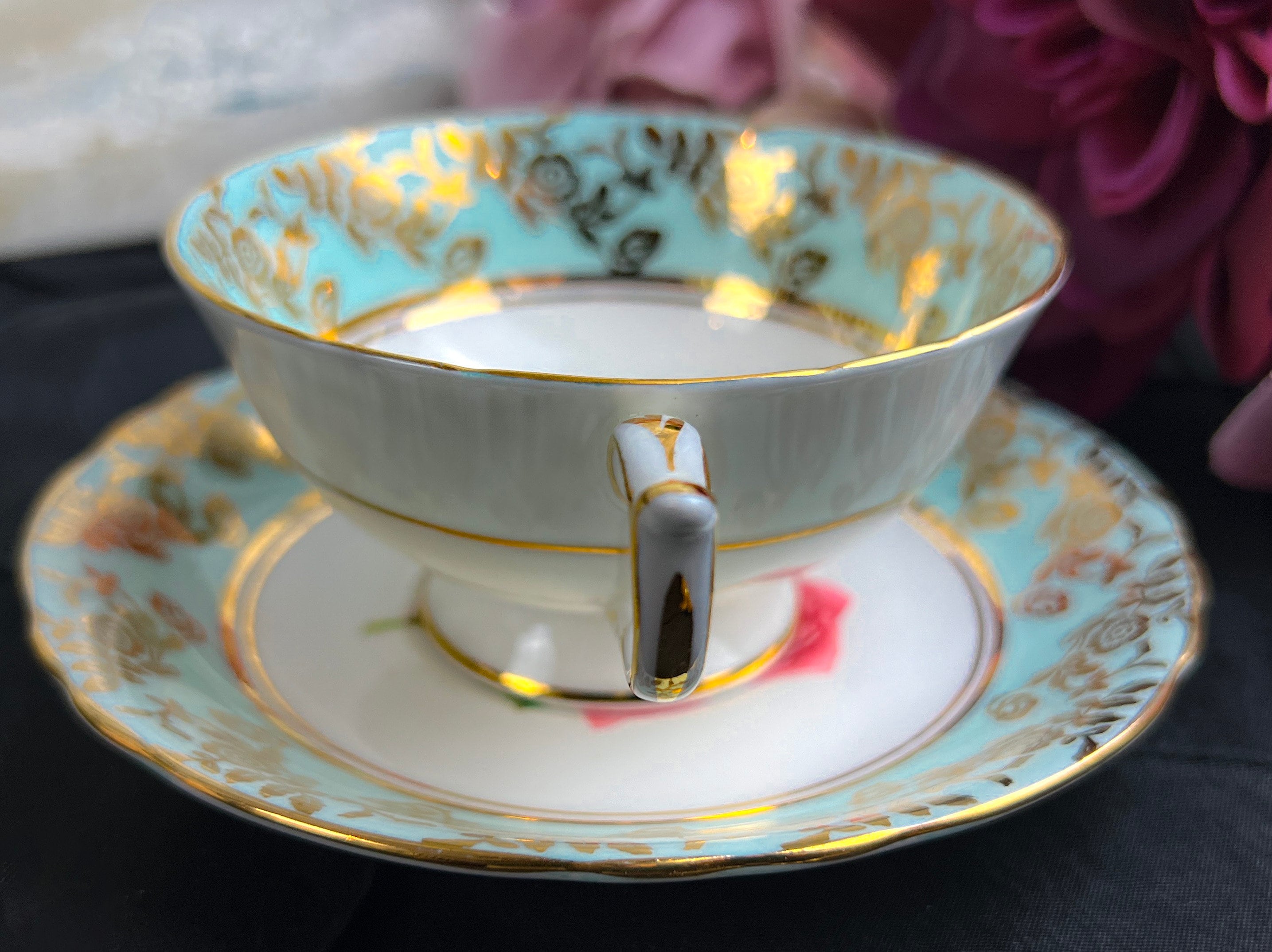 Rare Vintage Teal Gold Paragon Red Floating Rose Teacup and Saucer ...