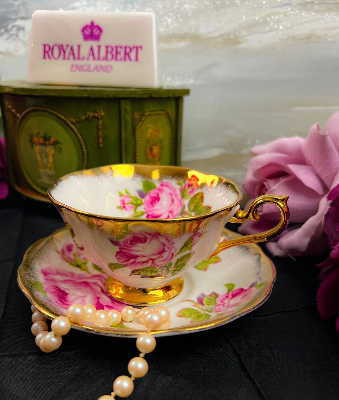 Rare Royal Albert Pink Roses Teacup and Saucer With Heavy Gold, English ...