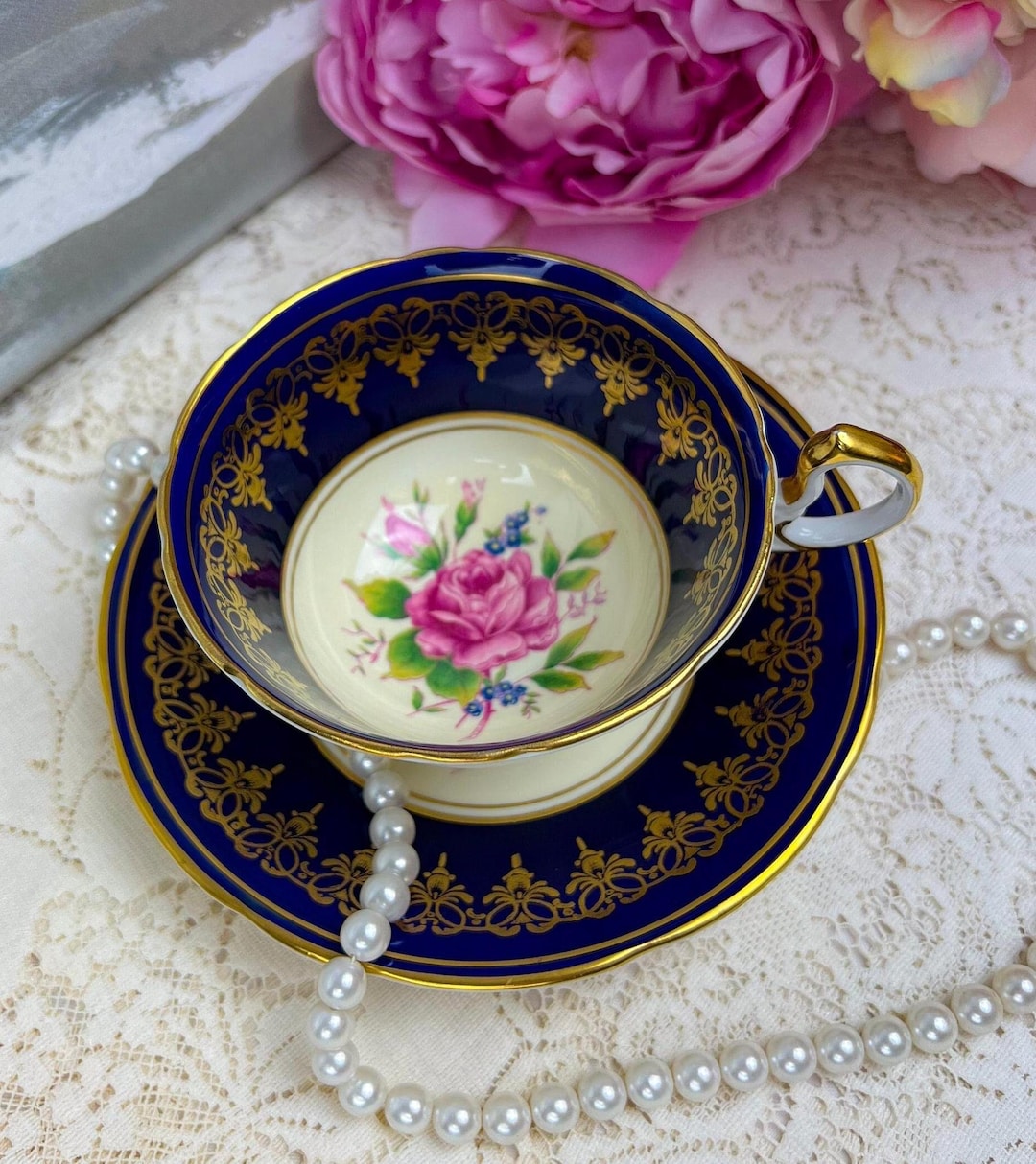 Rare Vintage Aynsley Cobalt Blue and Large Pink Cabbage Rose Teacup and ...
