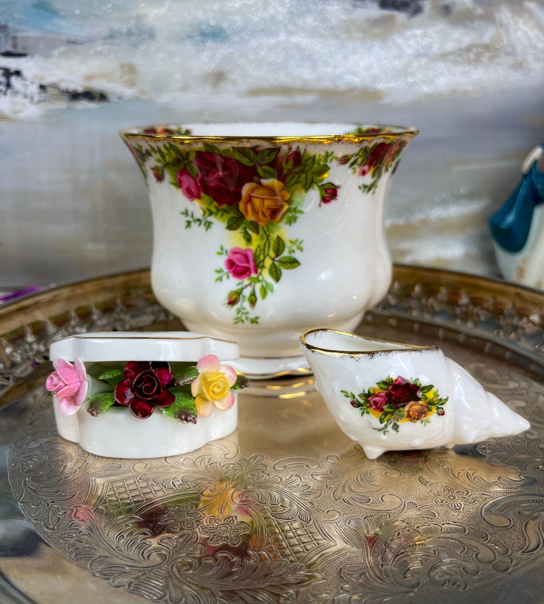 Vintage Royal Albert Old Country Roses Giftware Plant Pot, Seashell ...