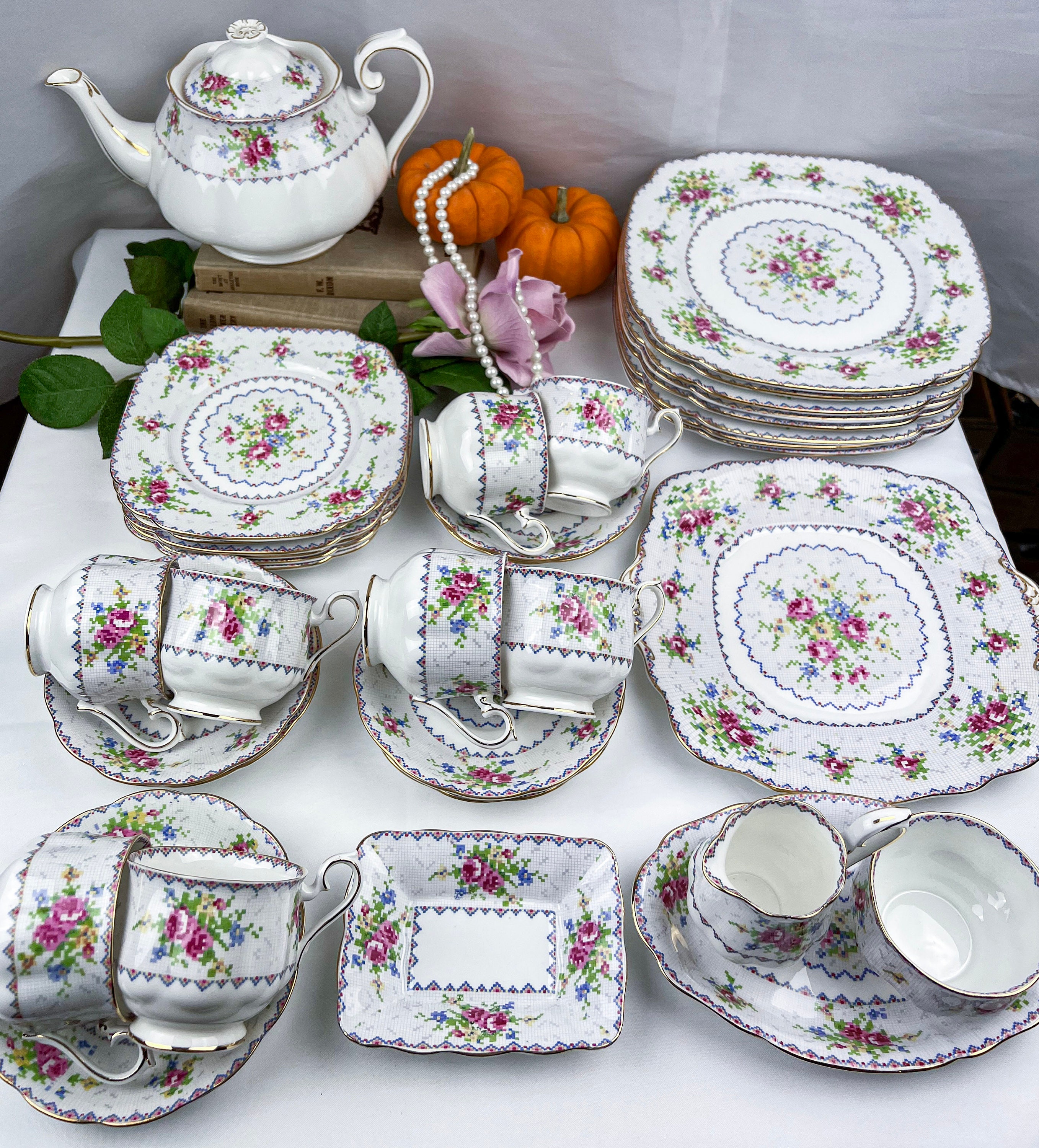 50 Piece Vintage 1940s Royal Albert Petit Point Dinner Service for 8 ...