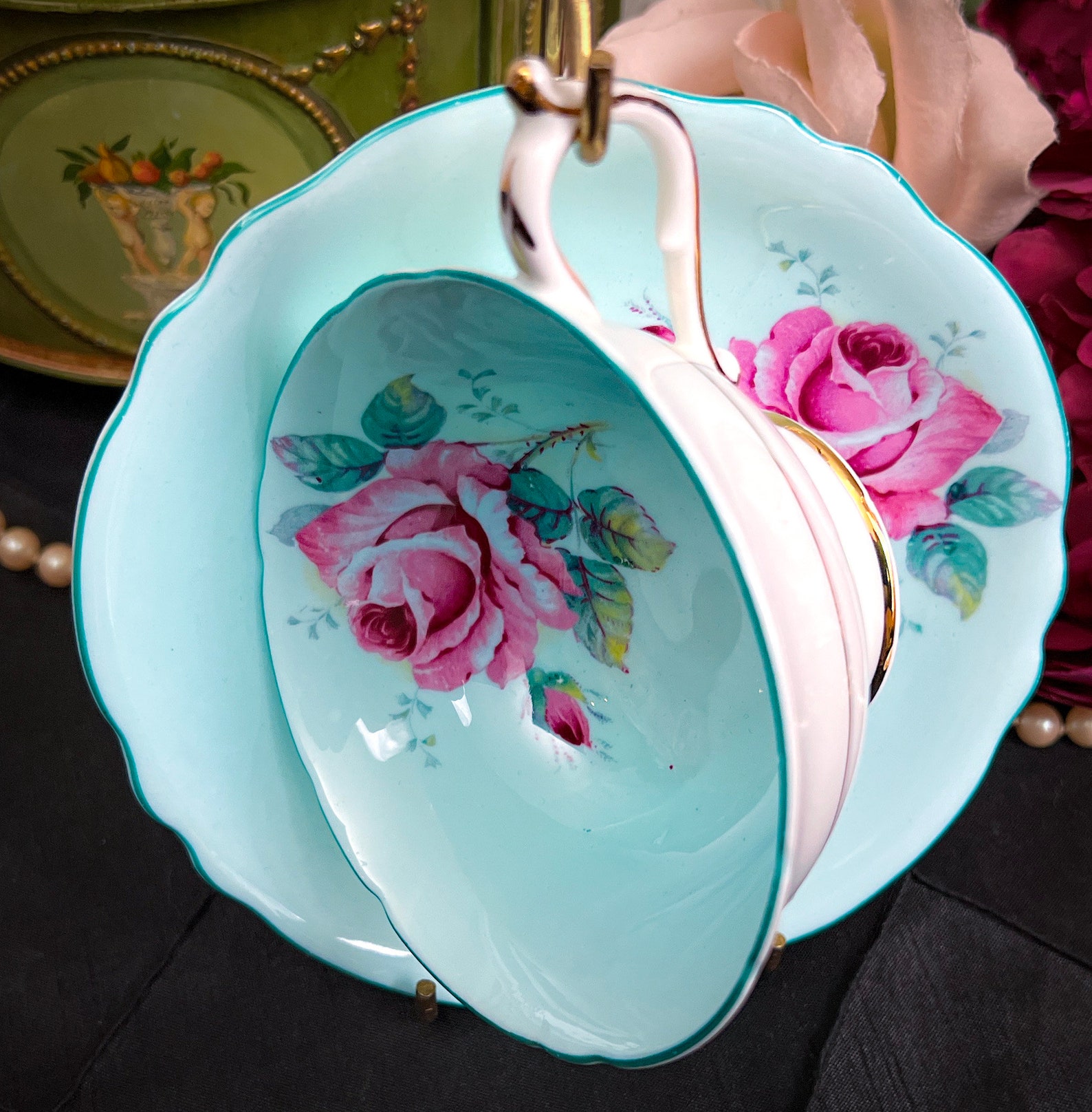 Vintage Blue Paragon Double Warrant Teacup and Saucer With Large Pink ...
