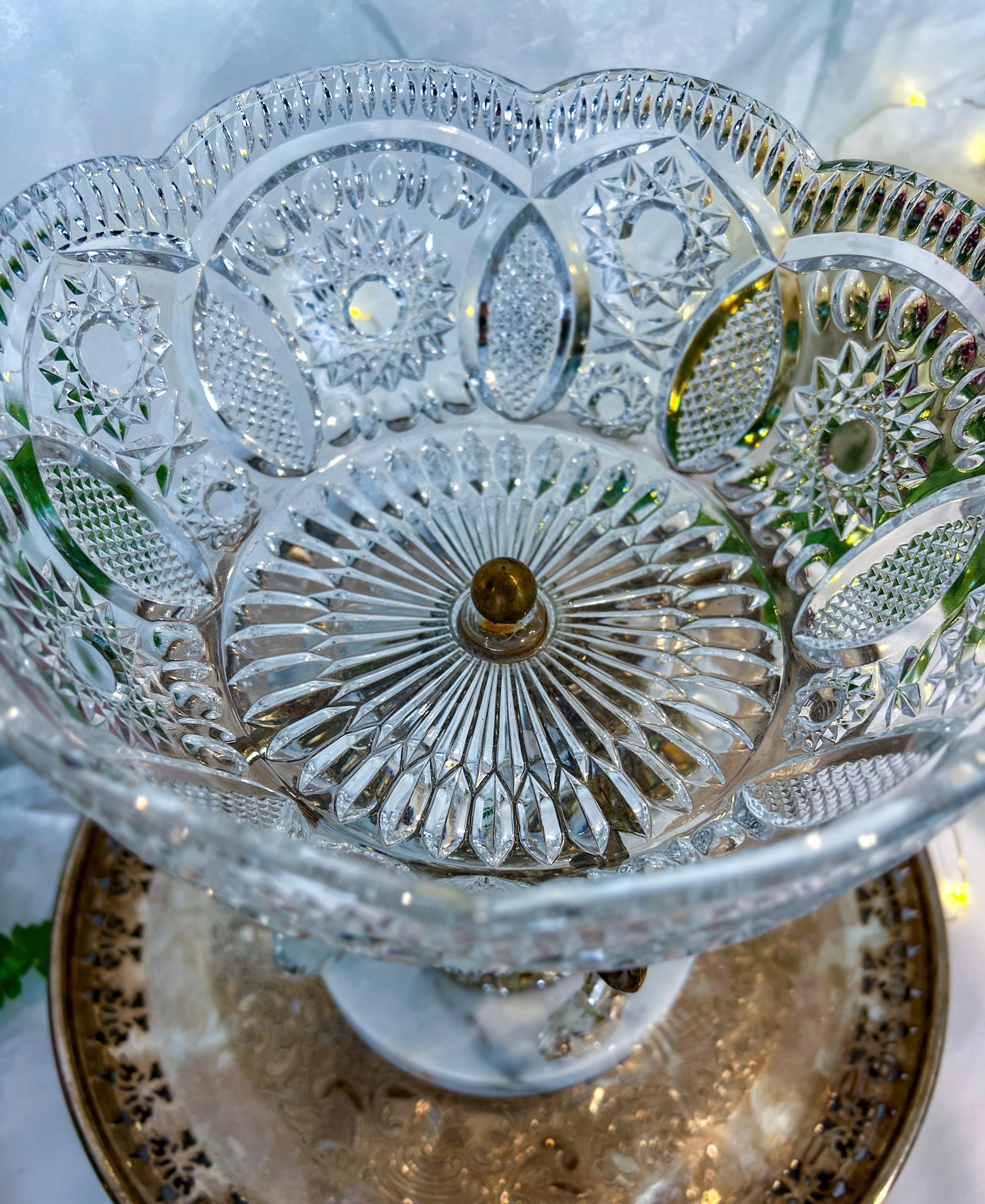 Vintage Large Hollywood Regency Lead Crystal & Brass Compote With ...