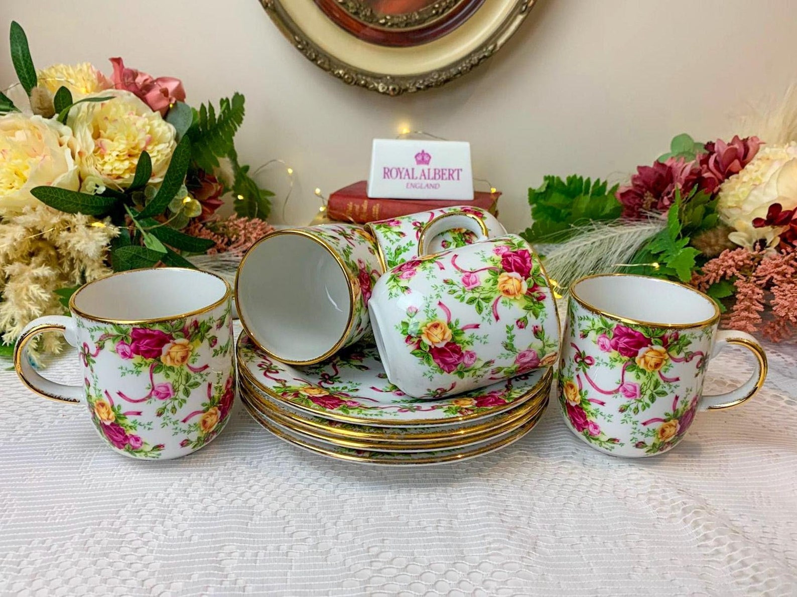Dessert / Lunch for 4, Royal Albert Ruby Celebration 8" Plates and Mugs ...
