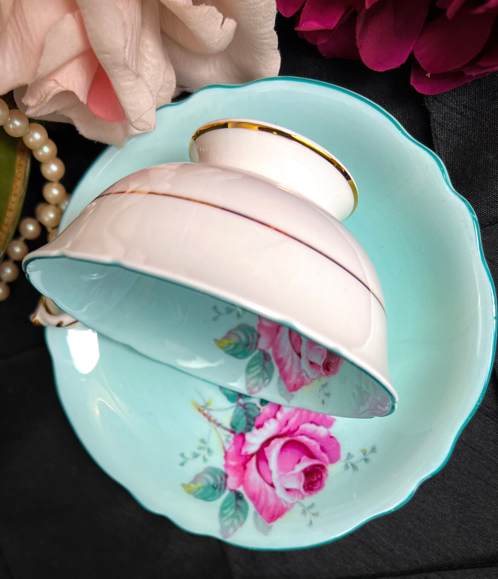 Vintage Blue Paragon Double Warrant Teacup and Saucer With Large Pink ...