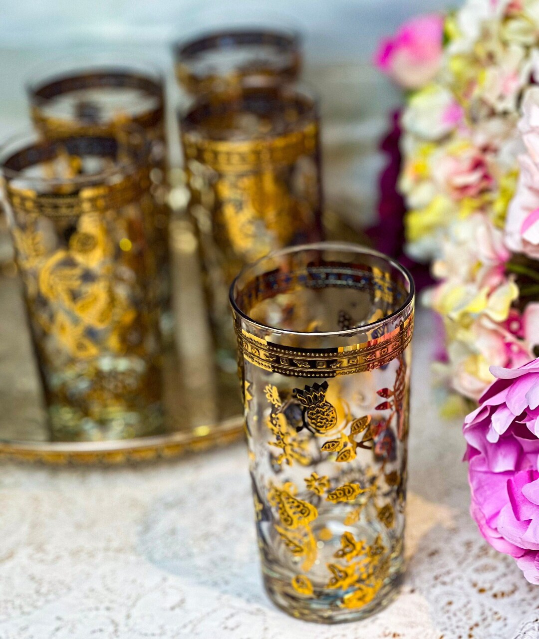 Set of 5 1950s Culver Chantilly Lace Glassware With 22kt Gold, Vintage ...