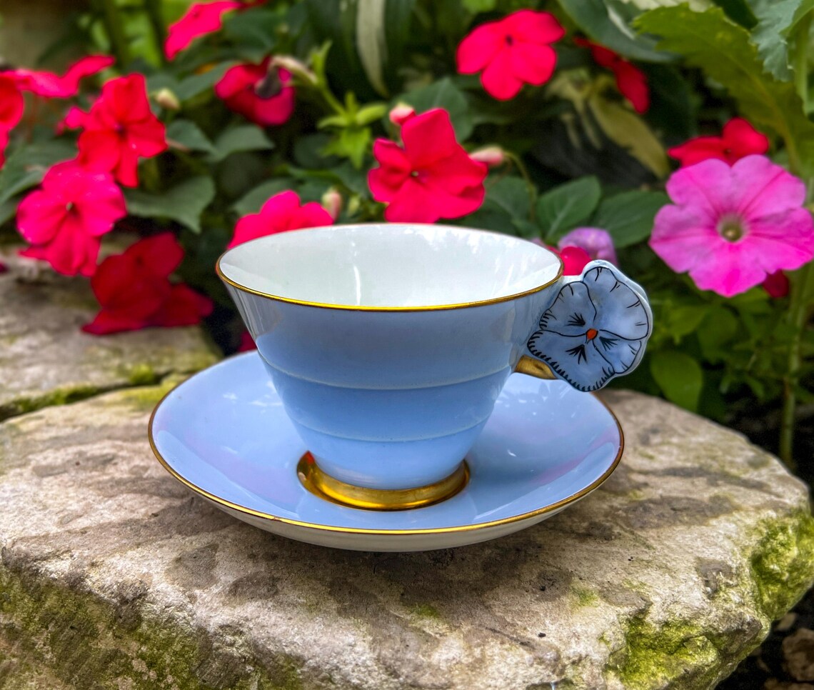 RARE 1930s Periwinkle Blue Paragon Flower Handle Teacup and Saucer ...