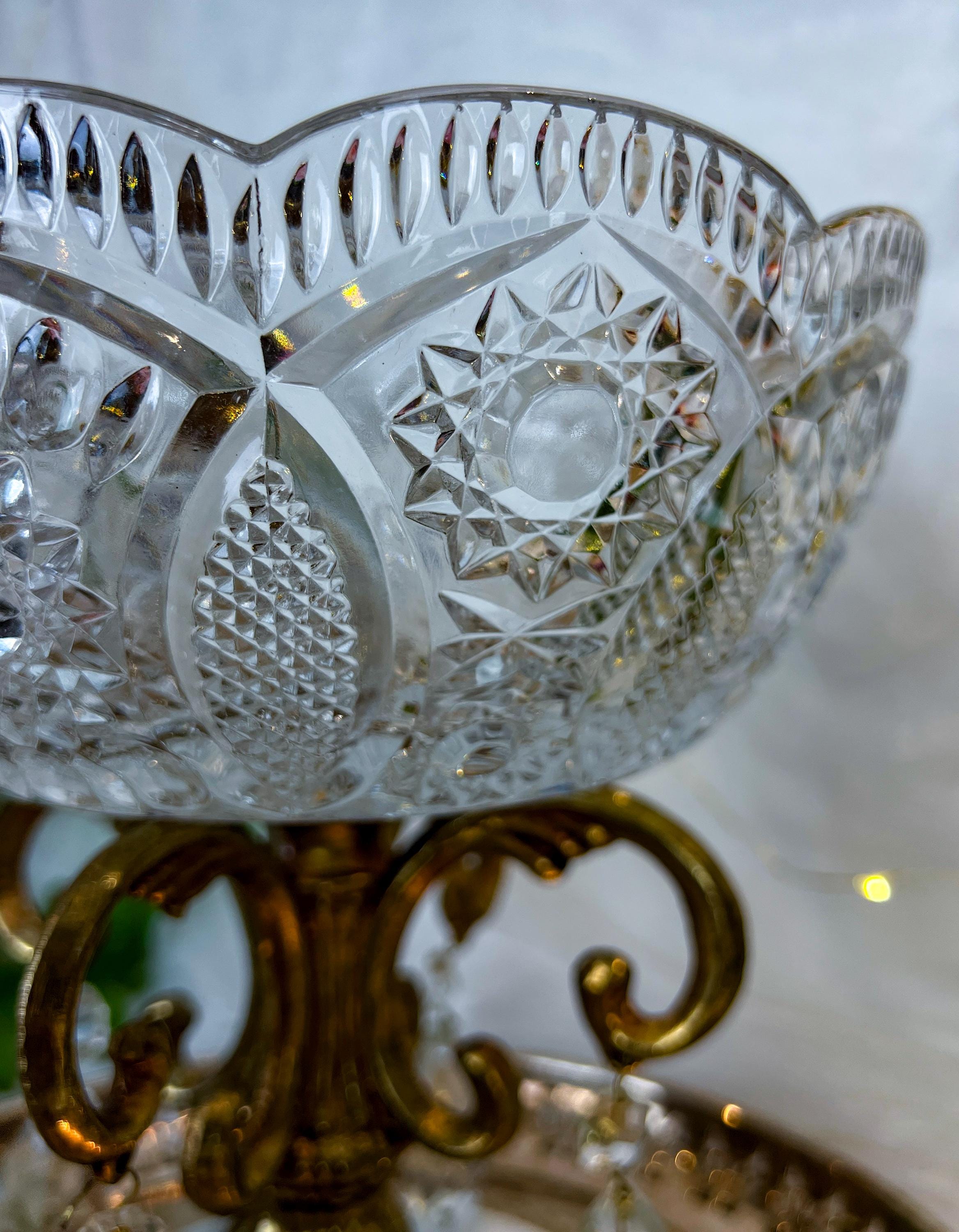 Vintage Large Hollywood Regency Lead Crystal & Brass Compote With ...