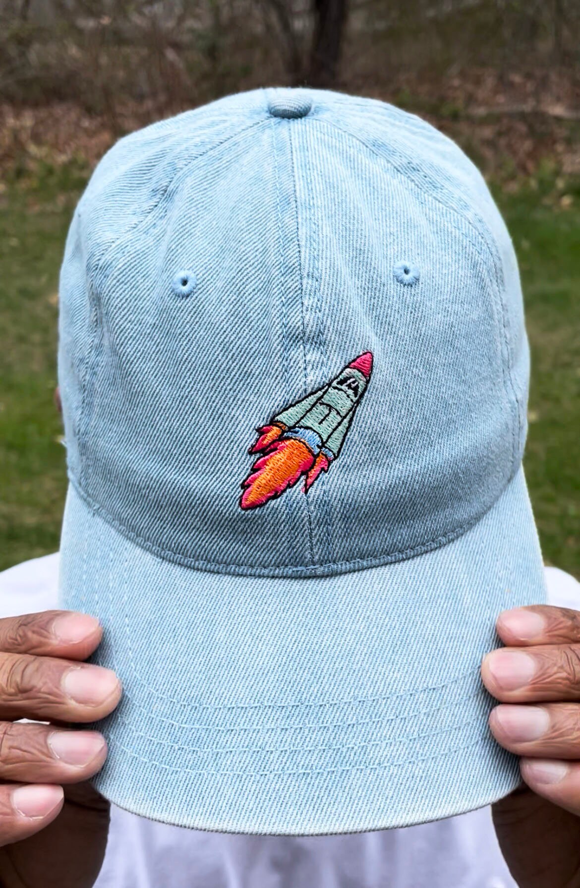 Retro Rocket Denim Dad Hat, Embroidered Denim Blue Hat, Adjustable ...