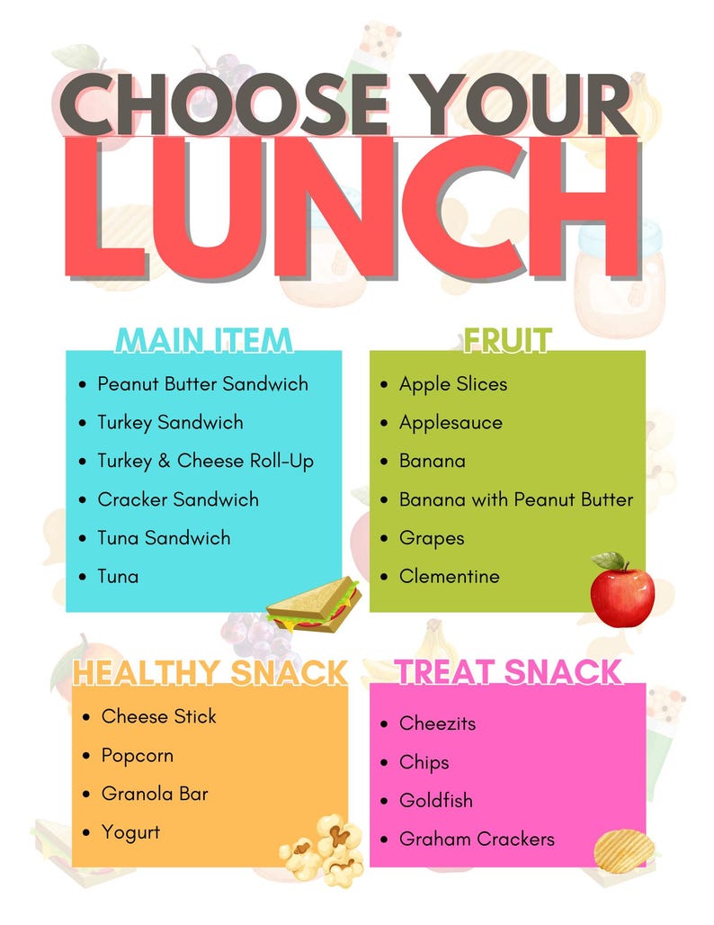 School Lunch Meal Planner Printable, Editable Lunch Menu Kids, Pack ...