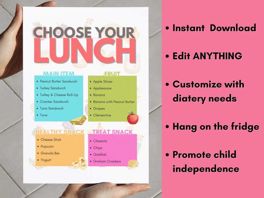 School Lunch Meal Planner Printable, Editable Lunch Menu Kids, Pack ...