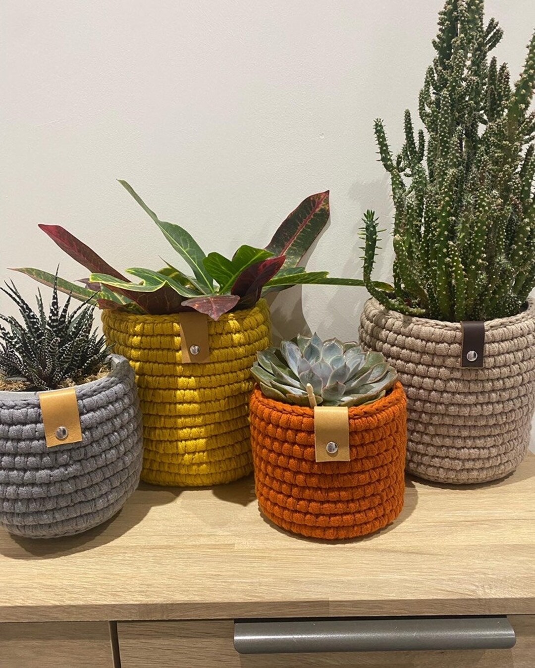 Made-to-order Crocheted Plant Pot Cover With Leather Detail - Etsy