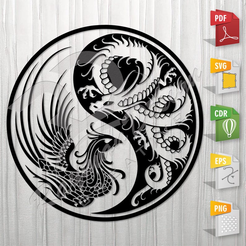 Dragon and Phoenix Yin Yang | Stencil, Outline, SVG, Vector Cut File ...