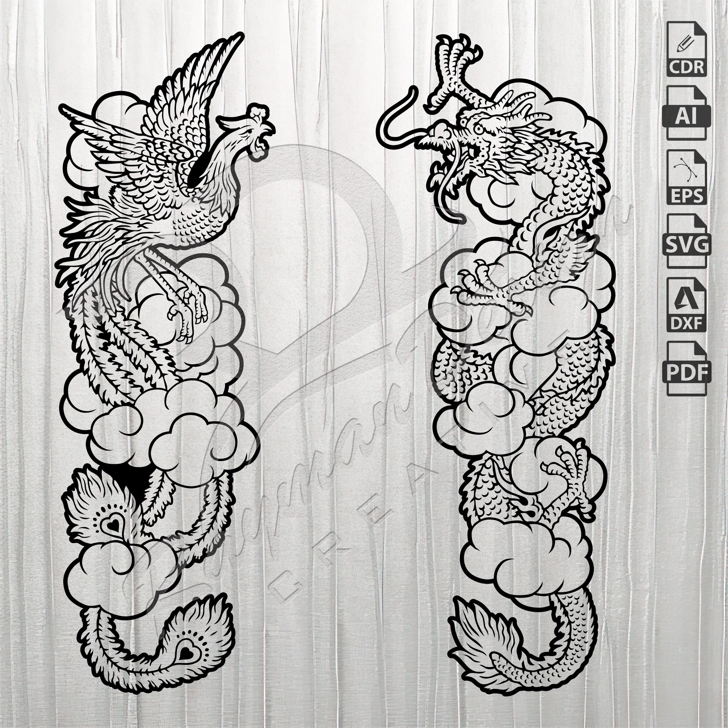 Dragon & Phoenix Chinese Stencil Outline SVG Vector Cut - Etsy Canada