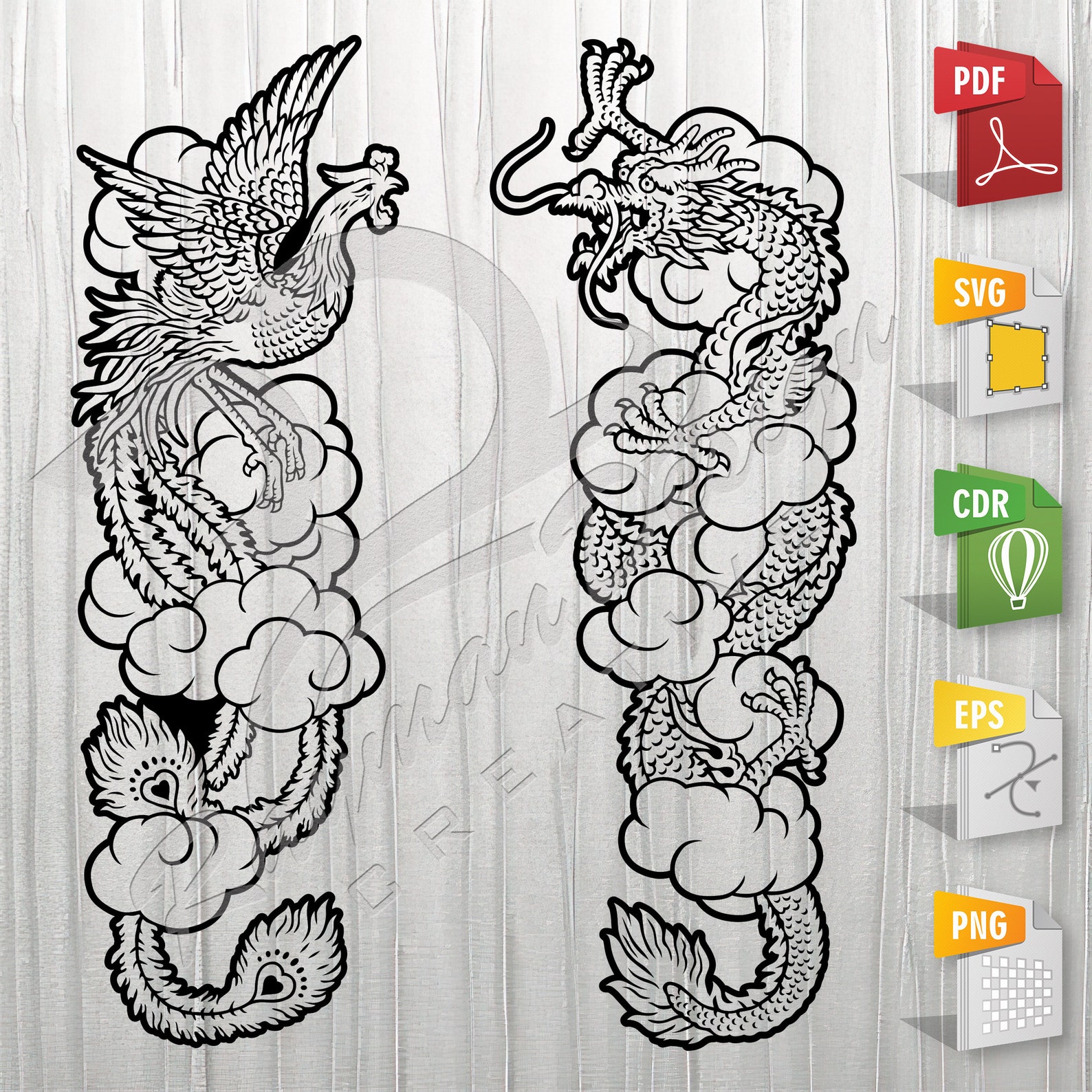 Dragon & Phoenix Chinese | Stencil, Outline, SVG, Vector Cut File for ...