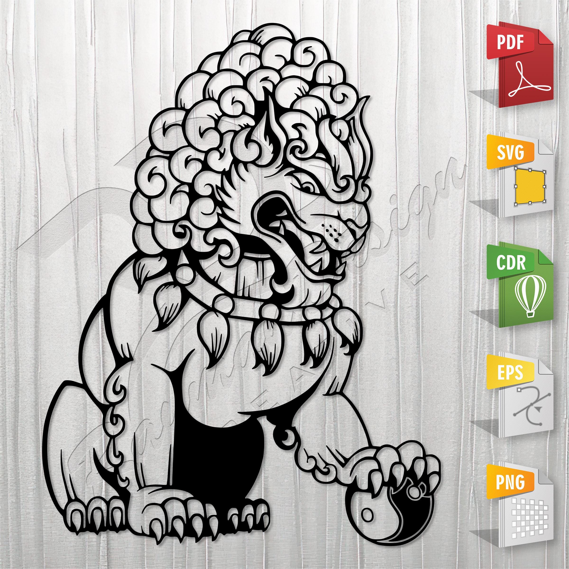 Chinese Guardian Lion | Stencil, Outline, SVG, Vector Cut File for ...