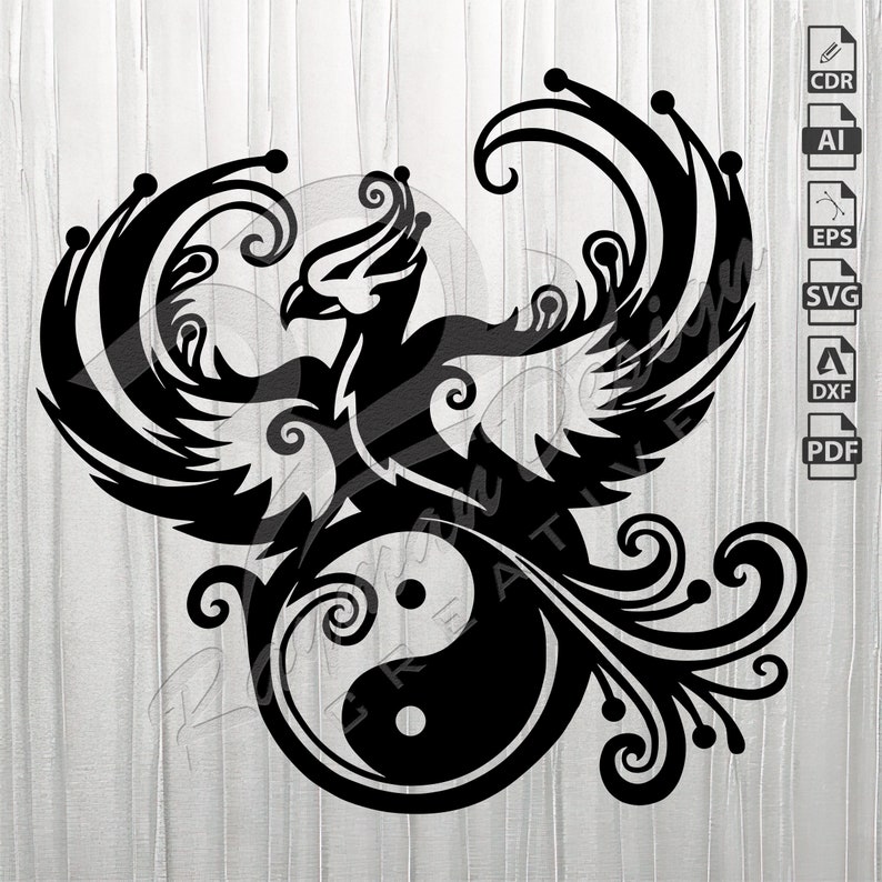 Yin & Yang Chinese Phoenix Tattoo Outline SVG Vector Cut - Etsy