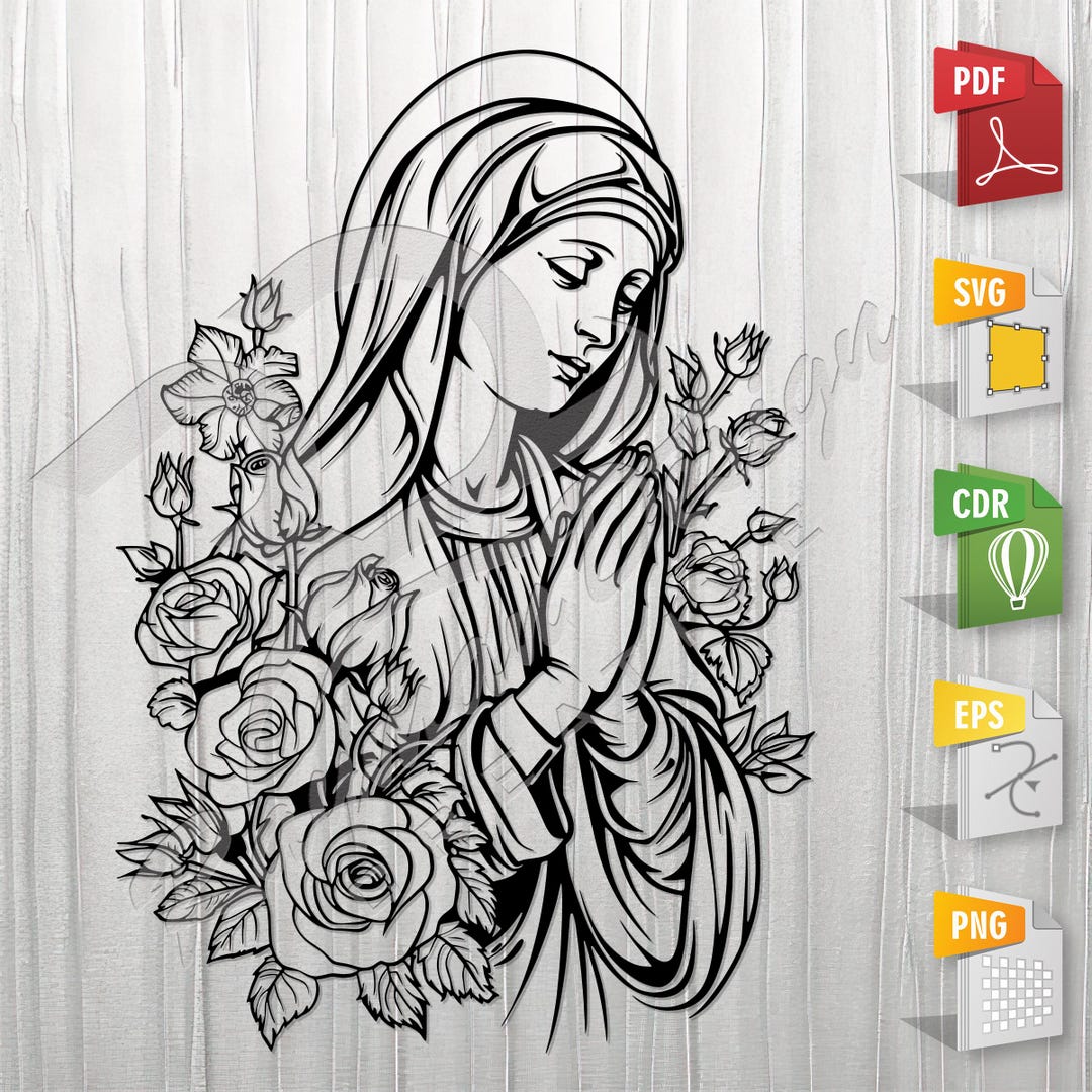 Virgin Mary and Flowers | Stencil, Outline, SVG, Vector Cut File for ...