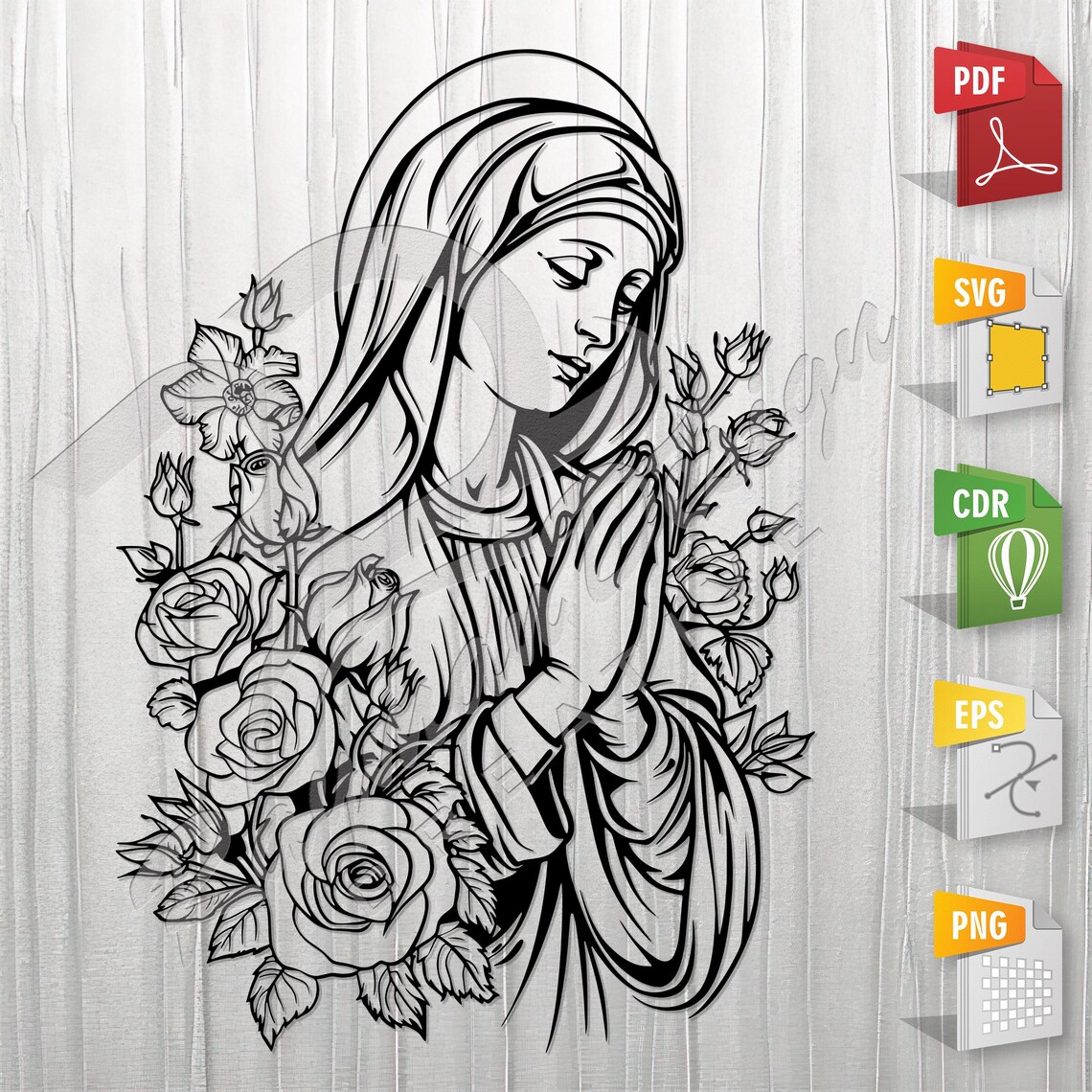 Virgin Mary and Flowers | Stencil, Outline, SVG, Vector Cut File for ...