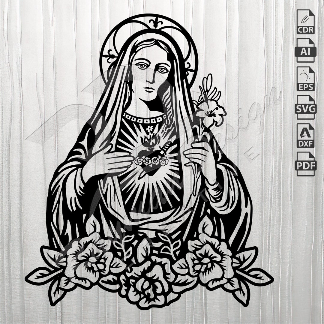 Virgin Mary Stencil Outline SVG Vector Cut File for - Etsy