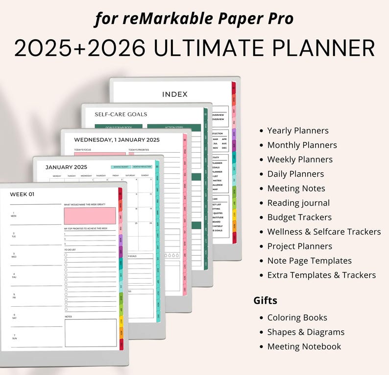 2025 ,2026 Digital Planner for Remarkable Paper Pro: Ultimate Colorful ...
