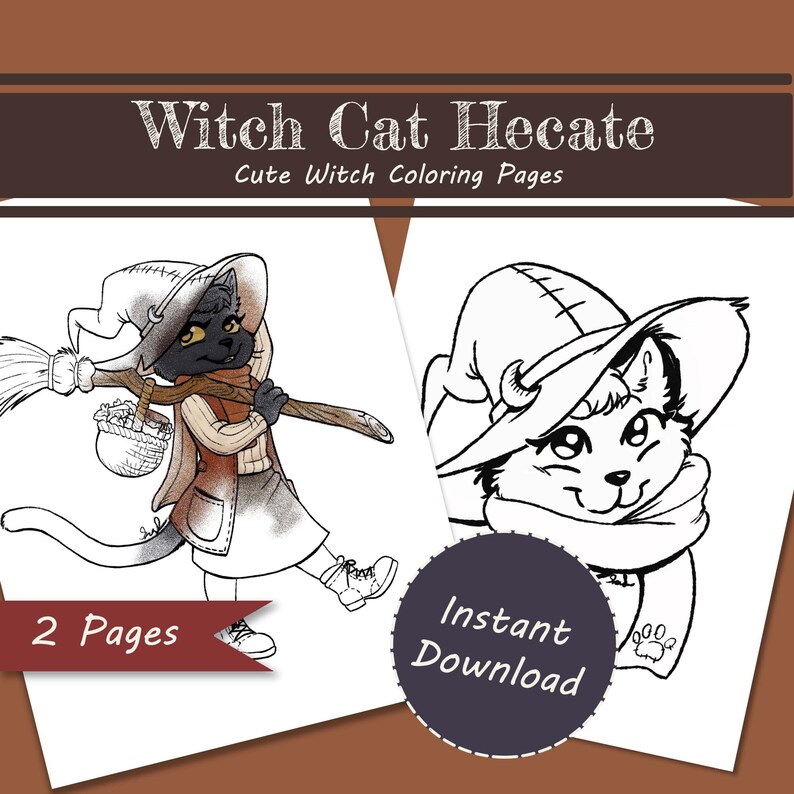 Printable Witch Cat Coloring Pages - Etsy