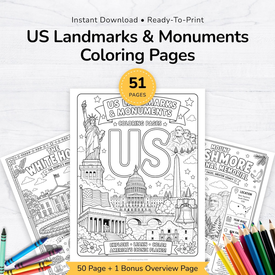 US Landmarks Monuments Coloring Pages Bundle | 51 Printable Sheets ...