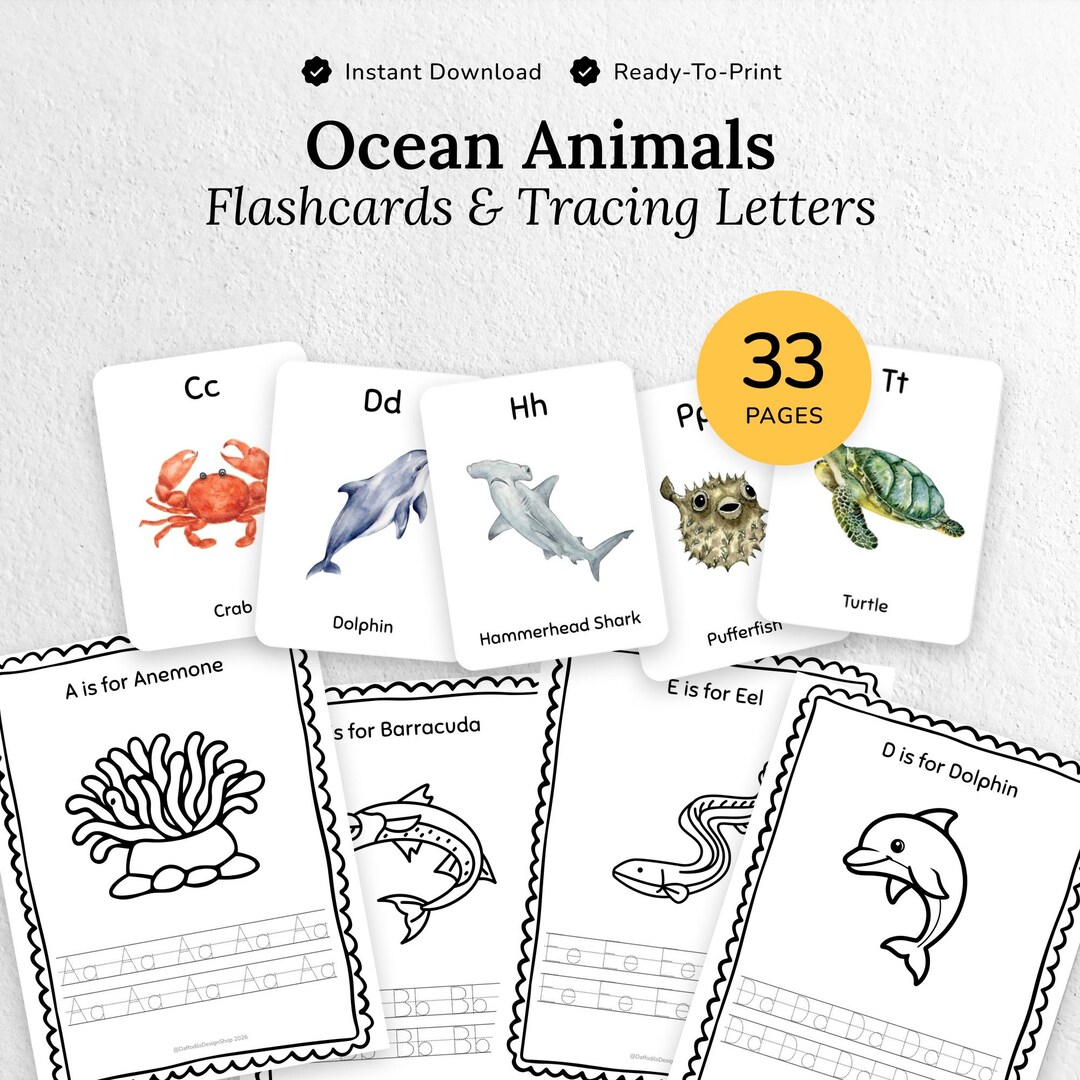 Ocean Animals Alphabet Flashcards | Montessori ABC Tracing Printable ...