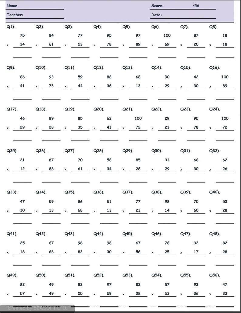 Printable Math Worksheets, Multiplication, Homeschool, Instant Download ...