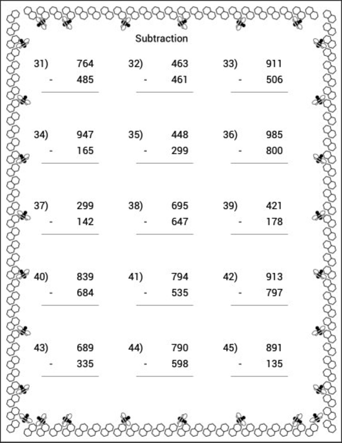 Printable Math Worksheets, Subtraction, Homeschool, Instant Download ...